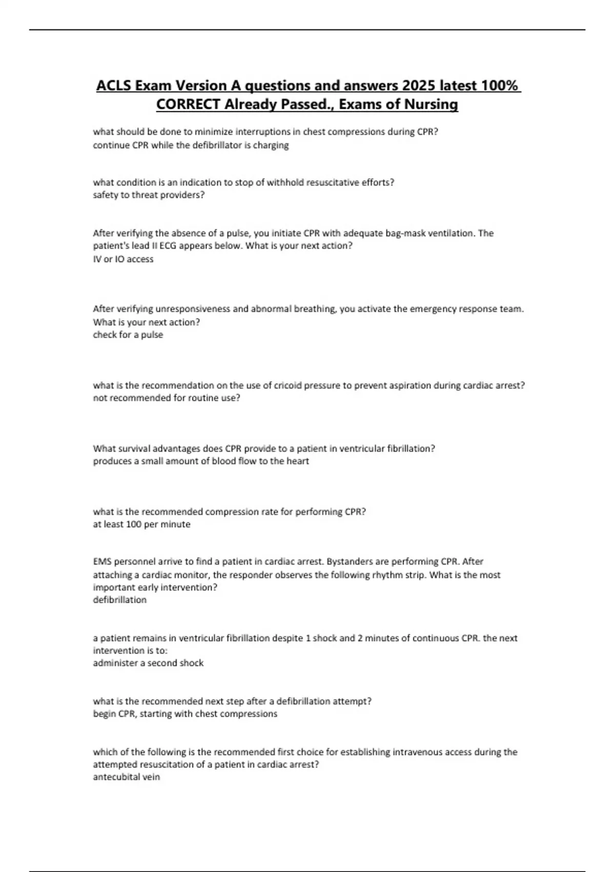 ACLS Exam Version A questions and answers 2025 - Acls - Stuvia US