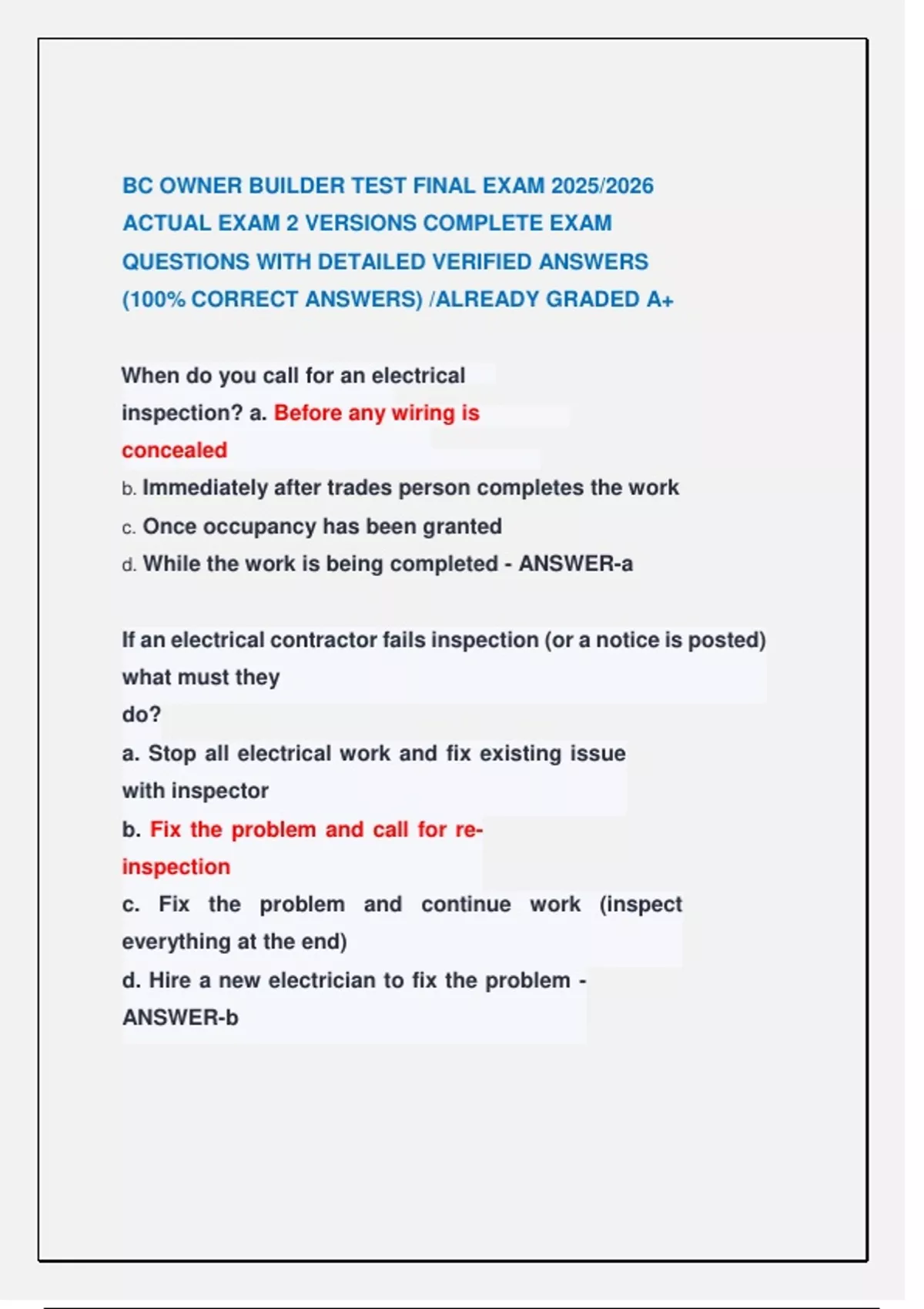 BC OWNER BUILDER TEST FINAL EXAM 2025/2026 ACTUAL EXAM 2 VERSIONS ...