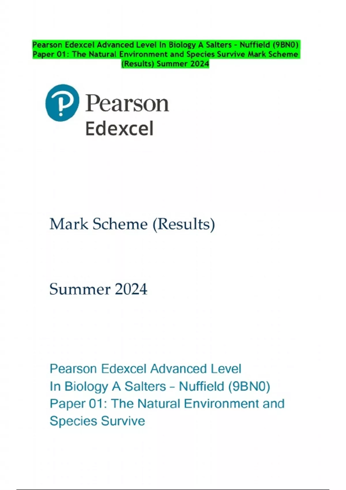Pearson Edexcel Advanced Level In Biology A Salters – Nuffield (9BN0 ...