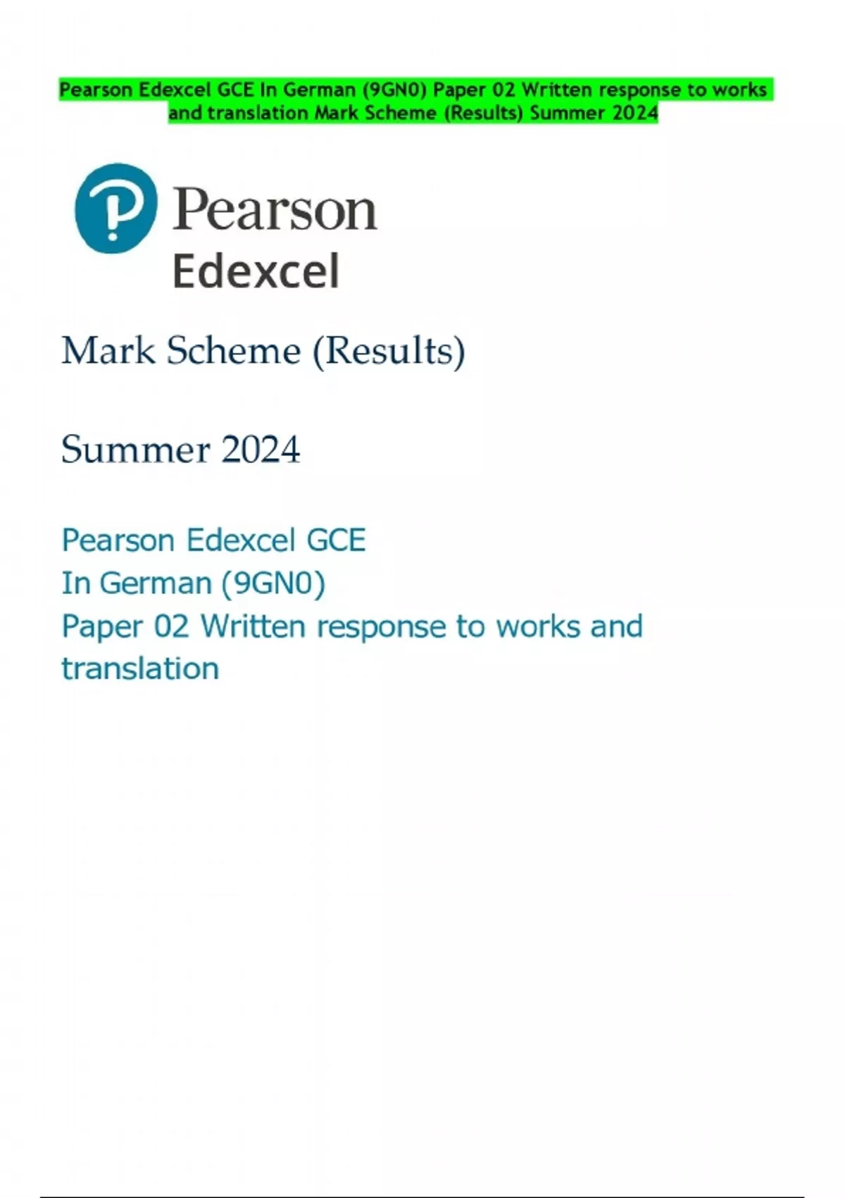 Pearson Edexcel GCE In German (9GN0) Paper 02 Written response to works ...
