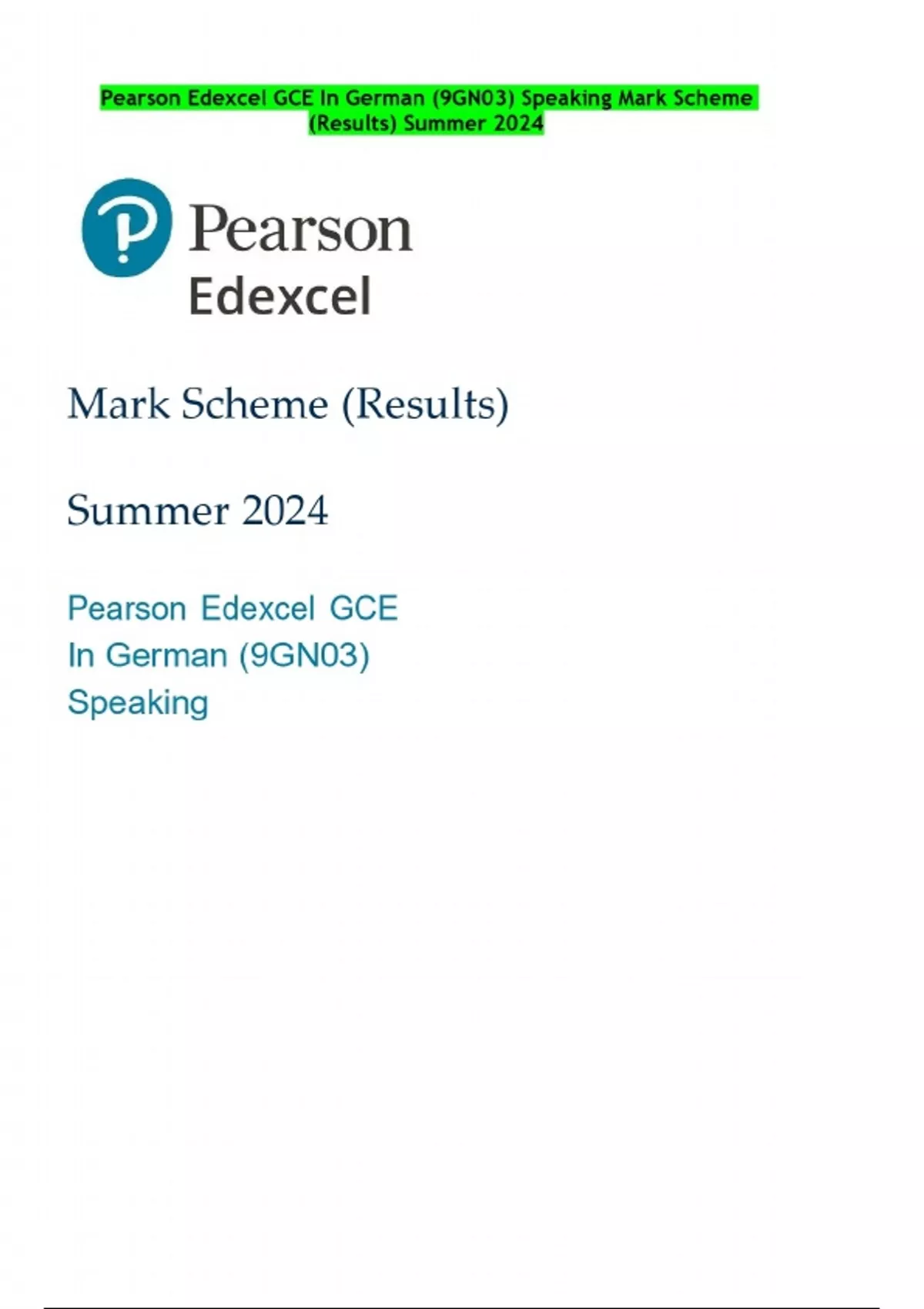 Pearson Edexcel GCE In German (9GN03) Speaking Mark Scheme (Results ...