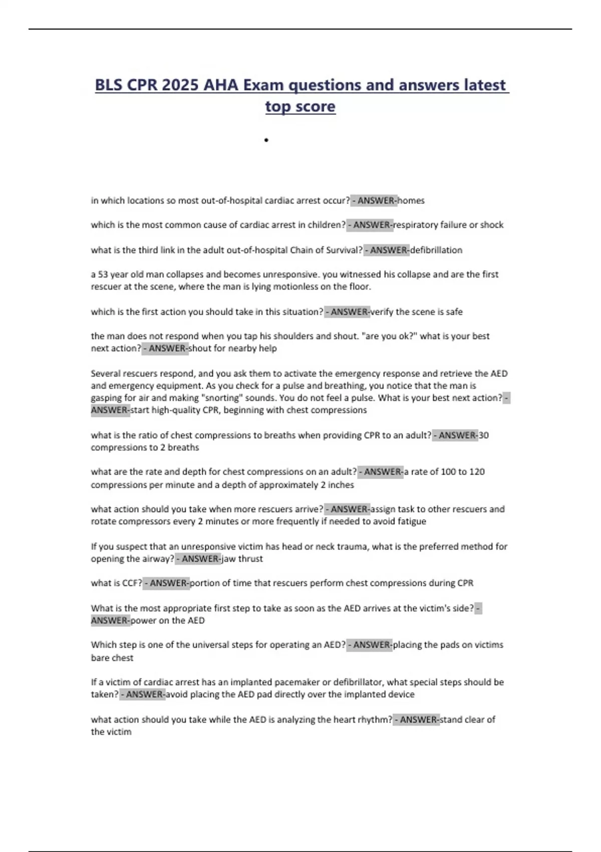 BLS CPR 2025 AHA Exam questions and answers latest - Cpr/bls - Stuvia US