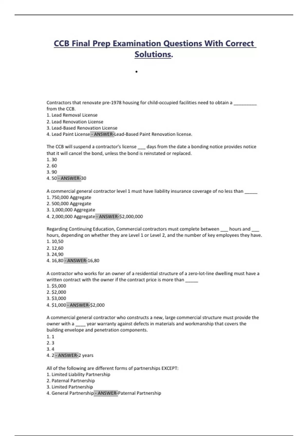 CCB Final Prep Examination Questions With Correct answers - CCB - Stuvia US