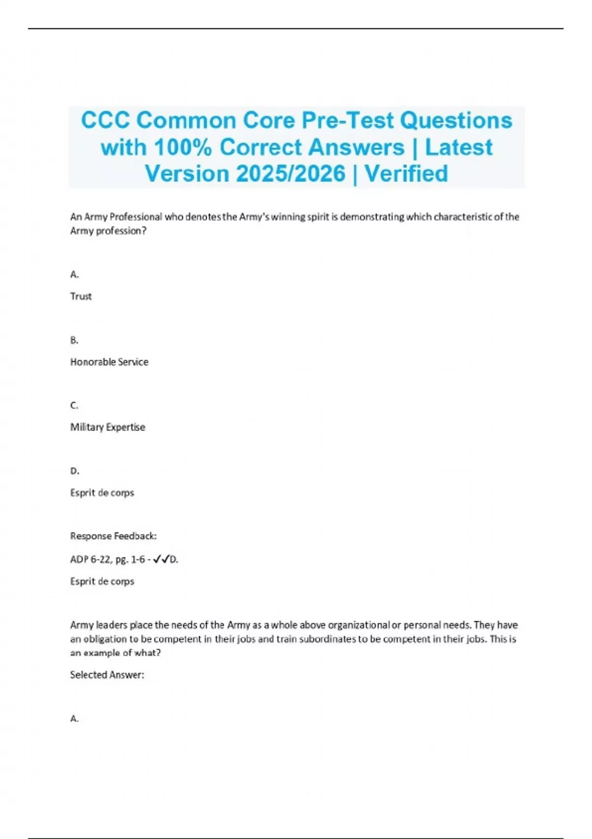 CCC Common Core Pre-Test Questions with 100% Correct Answers | Latest ...