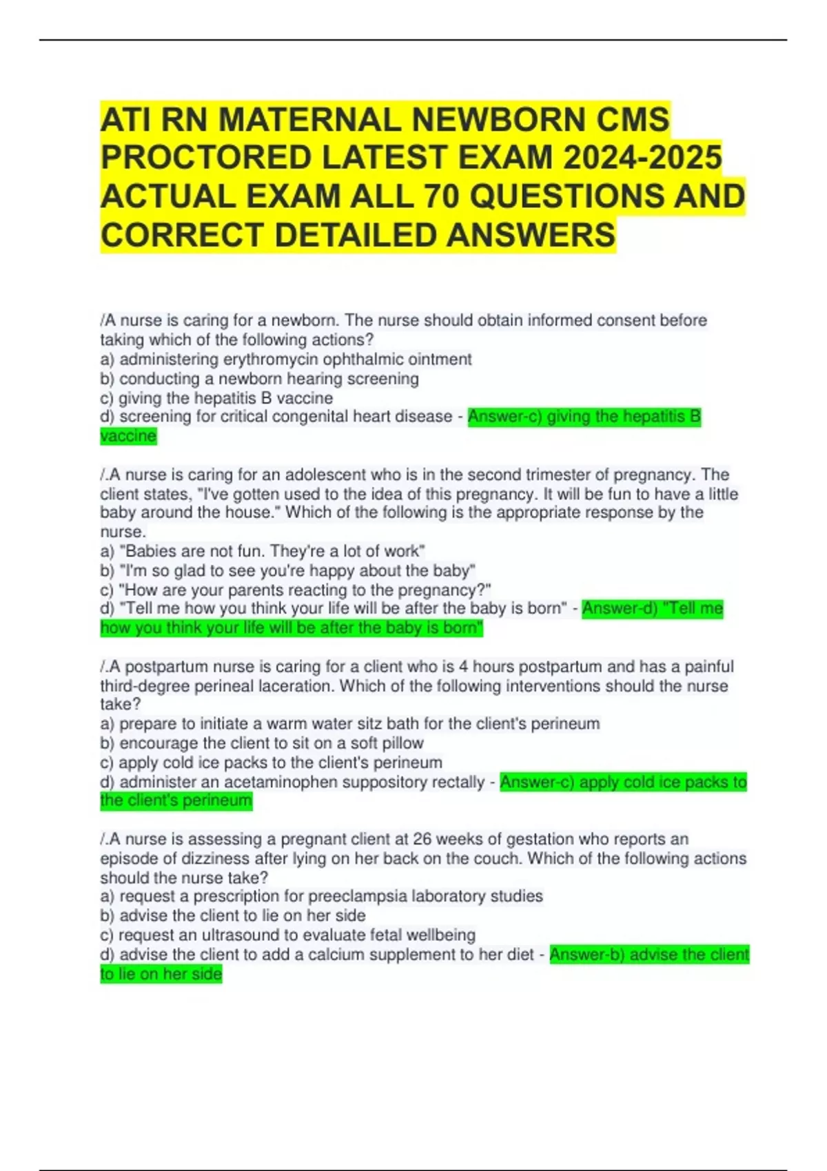 ATI RN MATERNAL NEWBORN CMS PROCTORED LATEST EXAM ACTUAL EXAM ALL 70 ...
