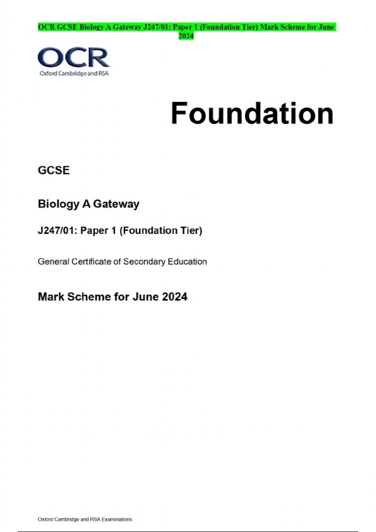 Oxford Cambridge and RSA Examinations OCR GCSE Biology A Gateway J247/01: Paper 1 (Foundation ...