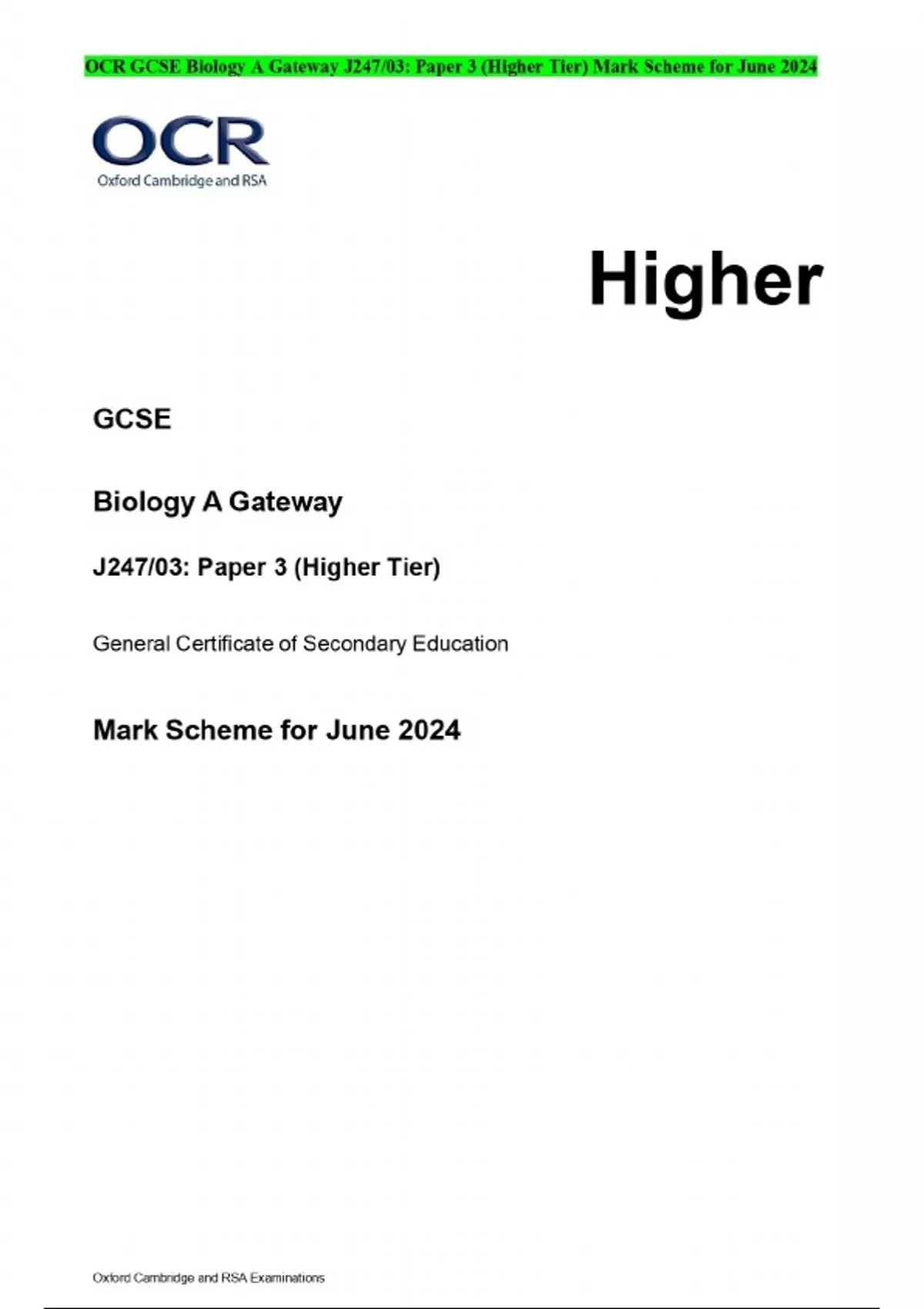 OCR GCSE Biology A Gateway J247/03: Paper 3 (Higher Tier) Mark Scheme for June 2024 - Oxford ...