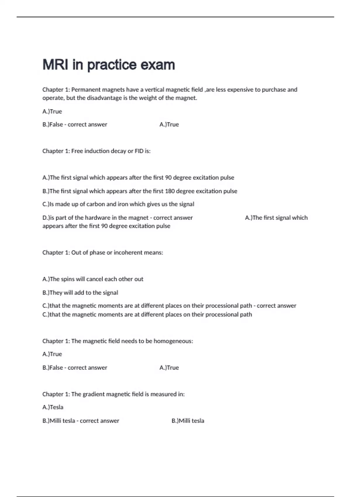 MRI in practice exam with correct answers 100% guaranteed pass (graded ...