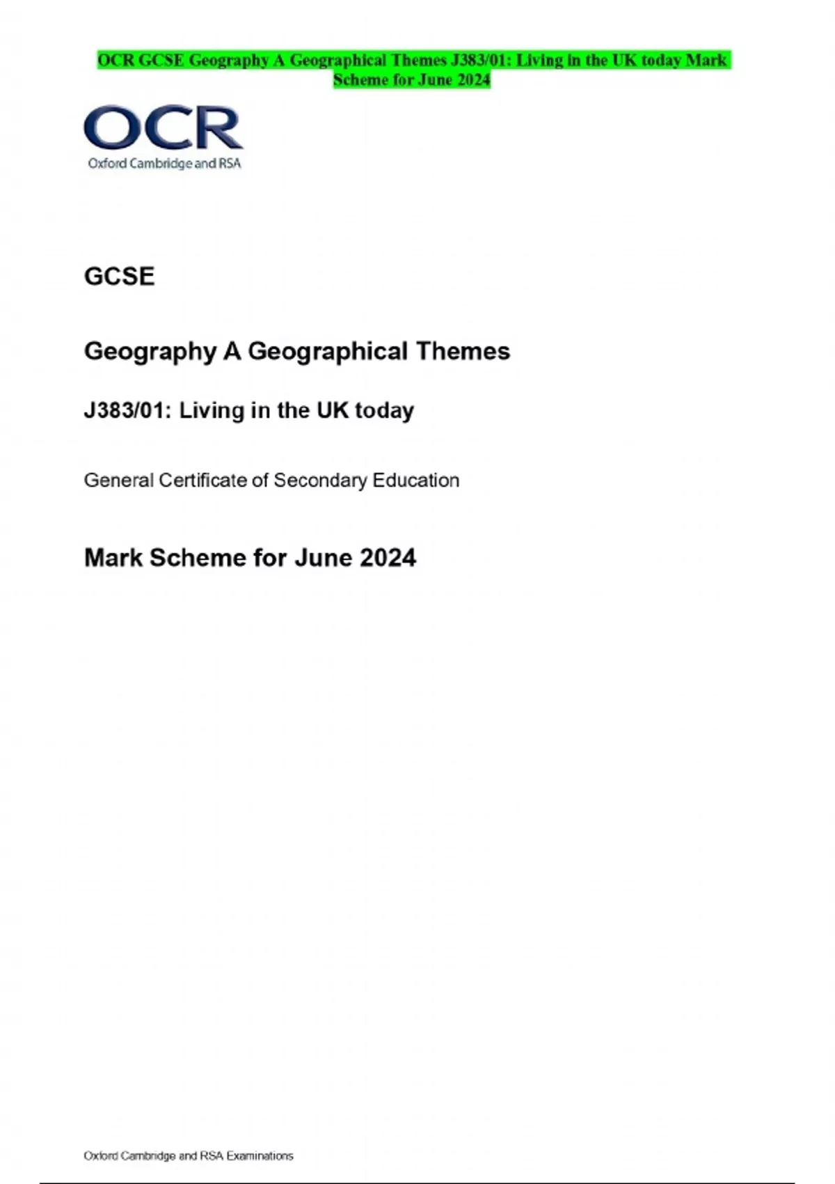 Oxford Cambridge and RSA Examinations OCR GCSE Geography A Geographical ...