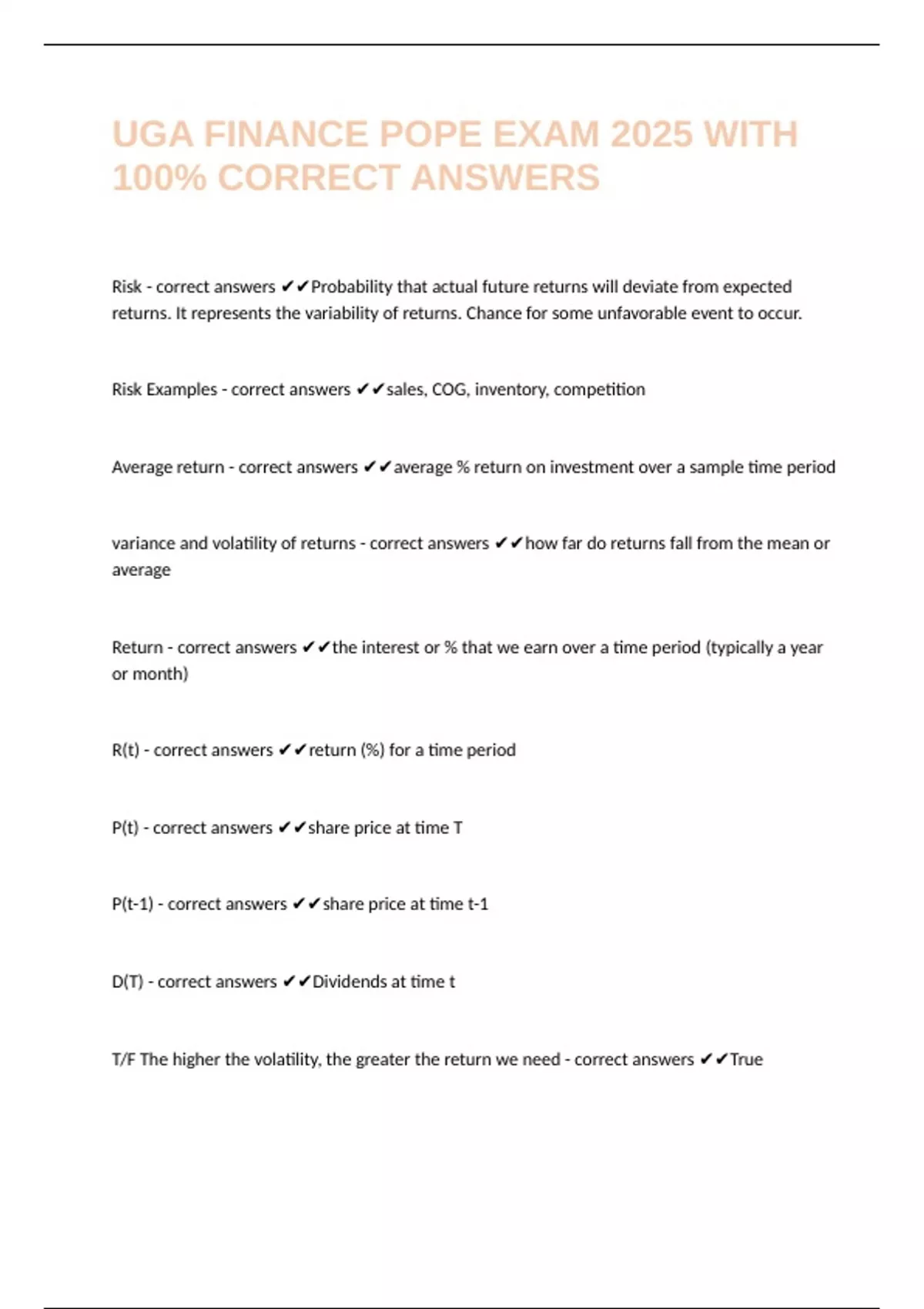 UGA FINANCE POPE EXAM 2025 WITH 100% CORRECT ANSWERS - UGA FINANCE POPE ...