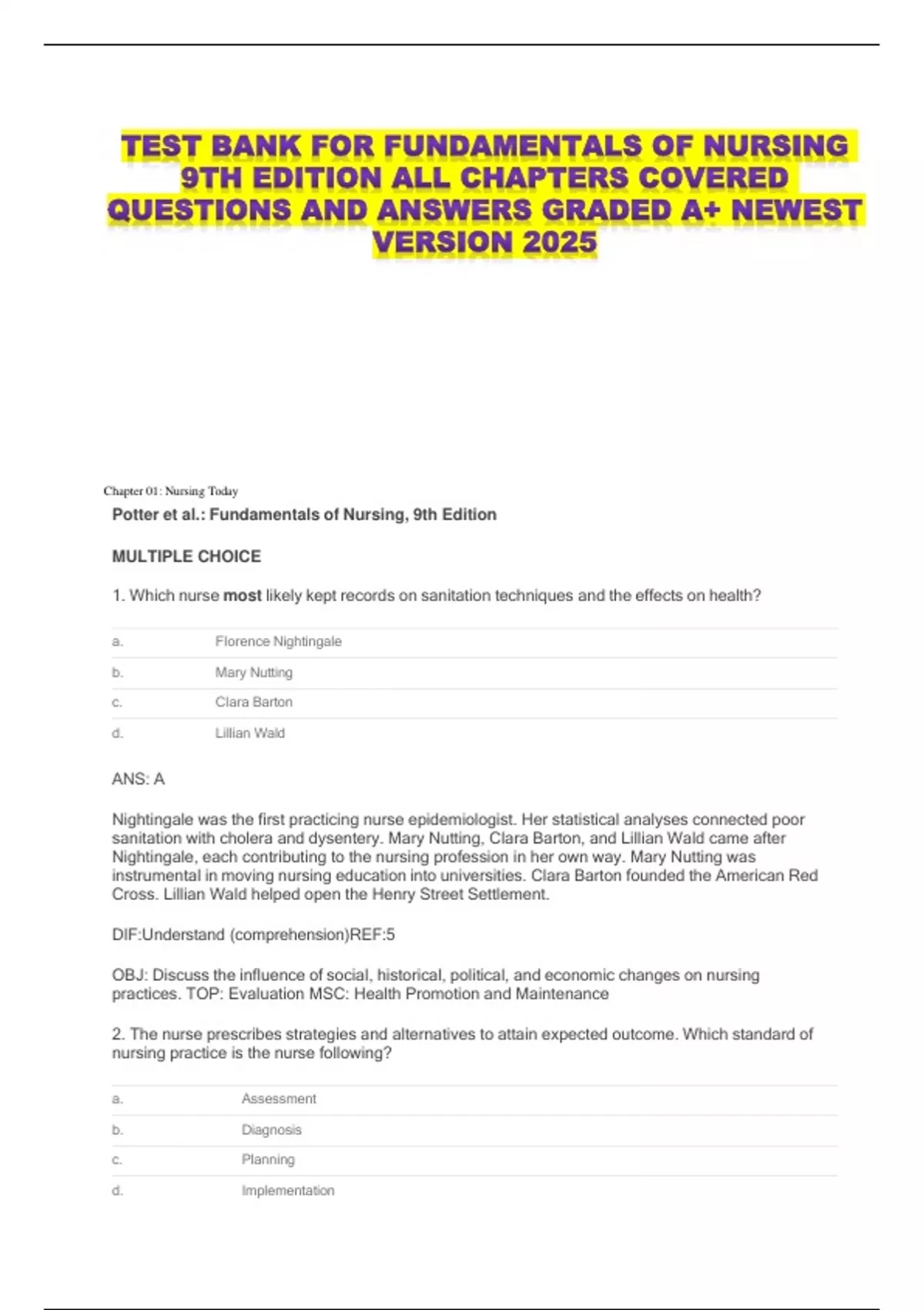 TEST BANK FOR FUNDAMENTALS OF NURSING 9TH EDITION ALL CHAPTERS COVERED ...