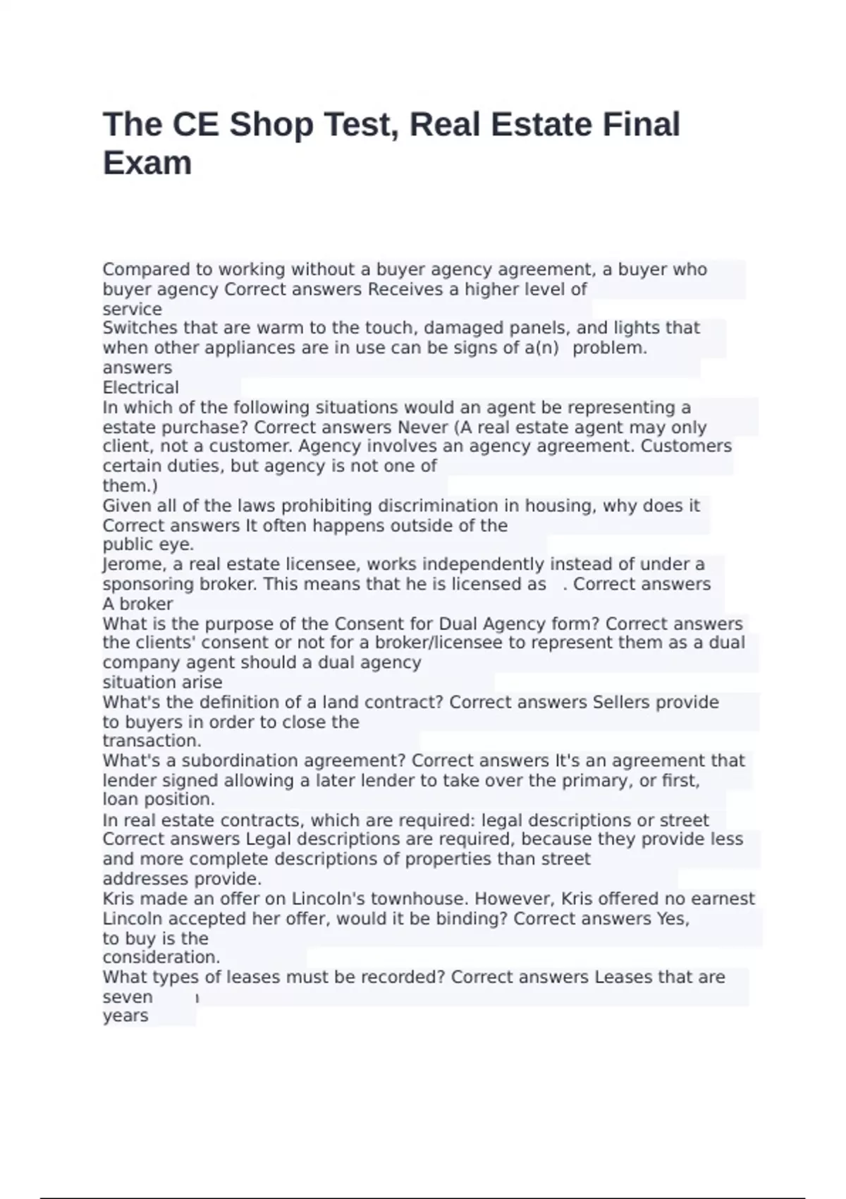 The CE Shop Test, Real Estate Final Exam with 100% correct answers 2025 ...