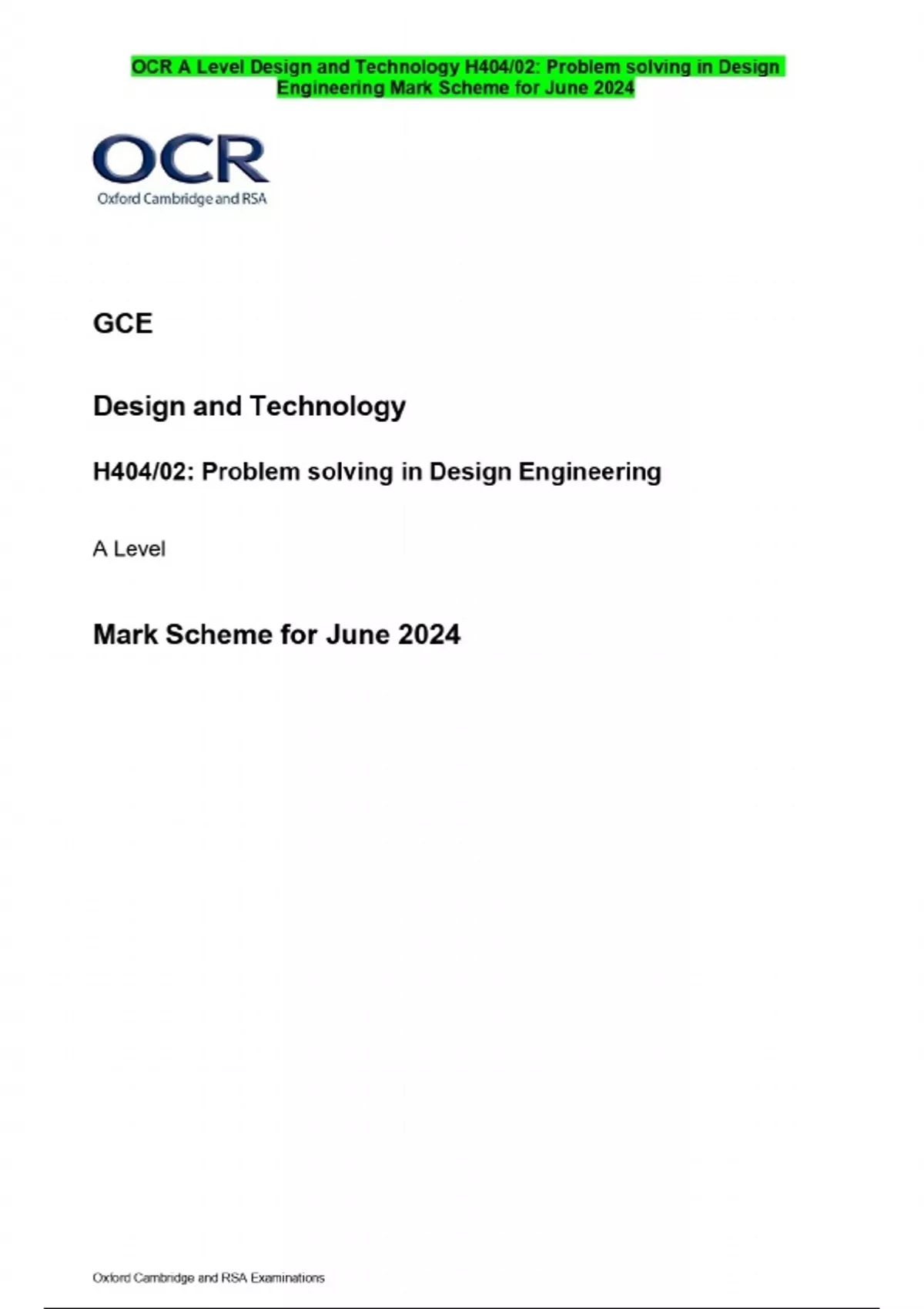 OCR A Level Design and Technology H404/02: Problem solving in Design Engineering Mark Scheme for ...