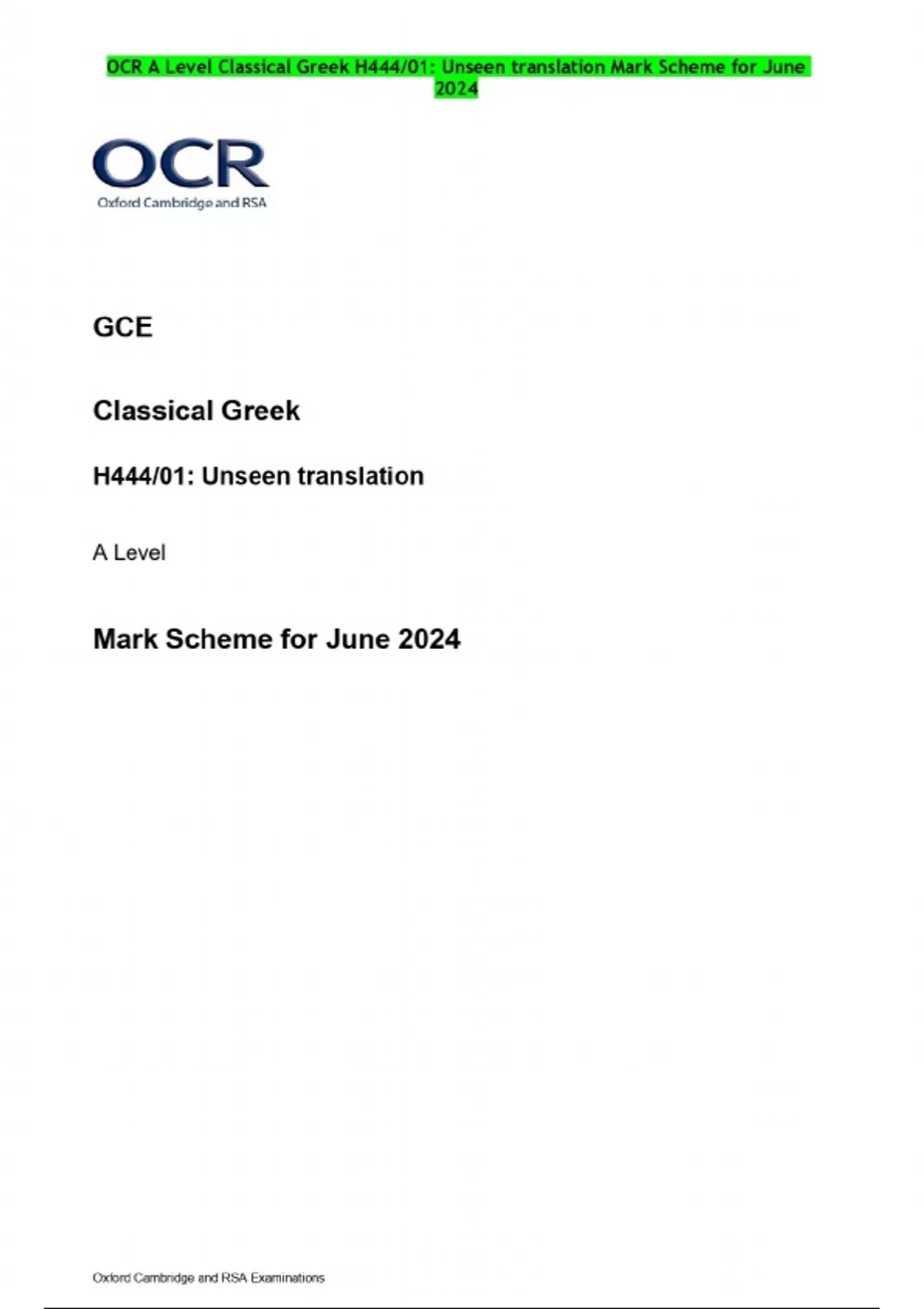 Oxford Cambridge and RSA Examinations OCR A Level Classical Greek H444/01: Unseen translation ...
