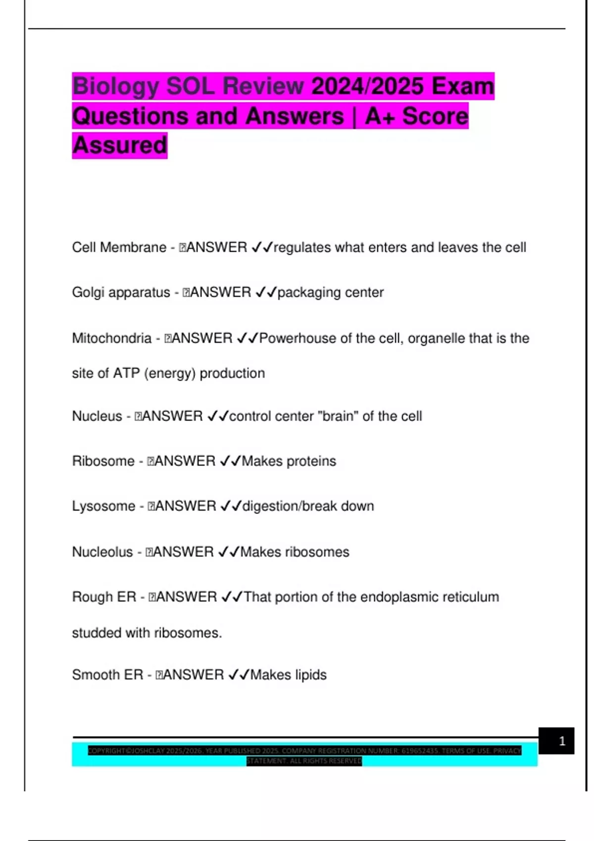 Biology SOL Review 2024/2025 Exam Questions and Answers | A+ Score ...
