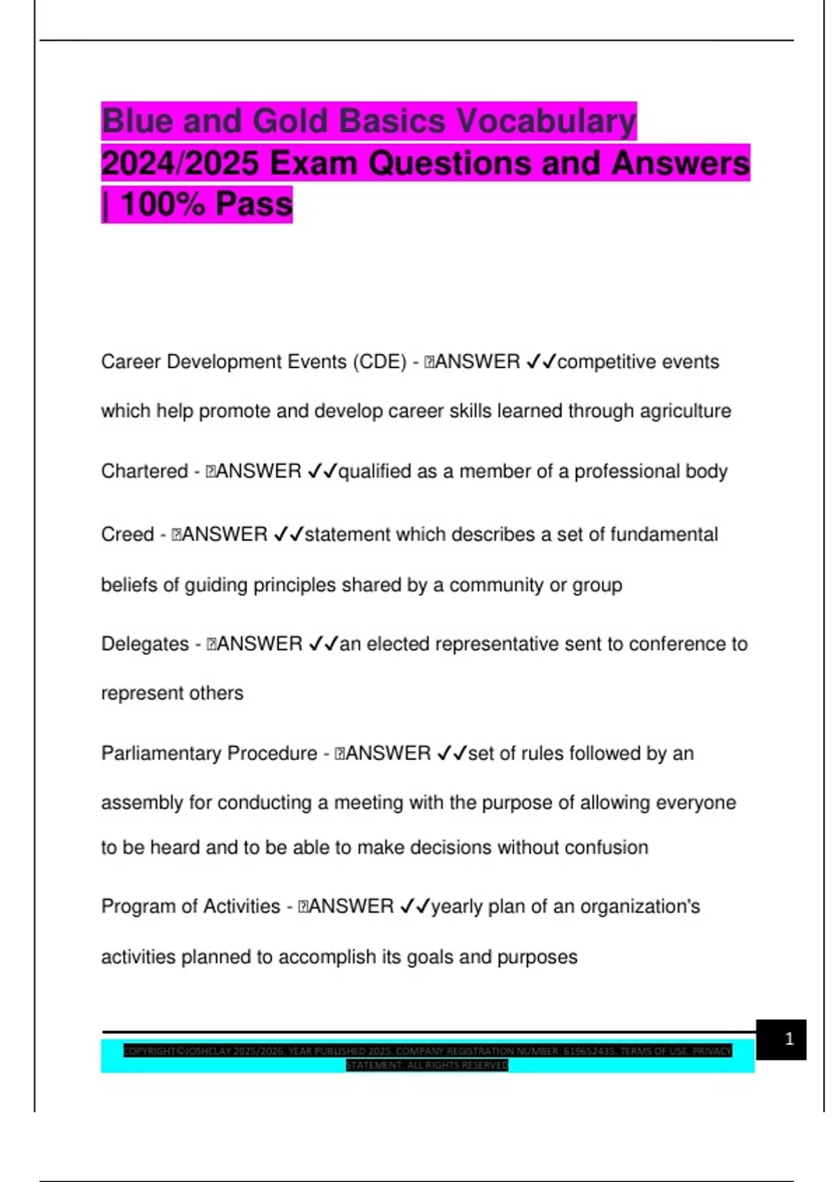 Blue and Gold Basics Vocabulary 2024/2025 Exam Questions and Answers ...