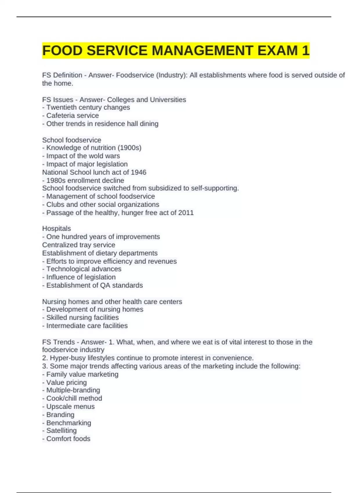 FOOD SERVICE MANAGEMENT EXAM 1 QUESTIONS AND ANSWERS - FOOD SERVICE ...