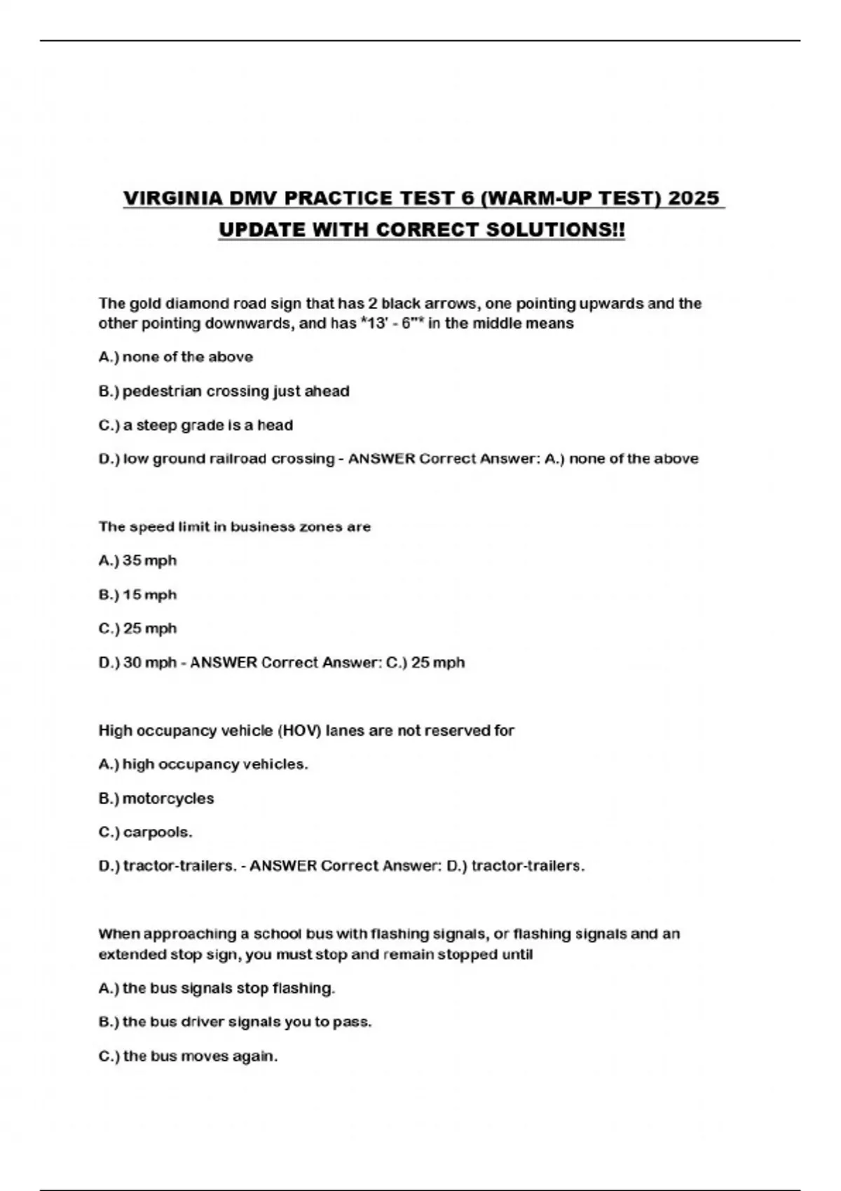VIRGINIA DMV PRACTICE TEST 6 (WARM-UP TEST) 2025 UPDATE WITH CORRECT ...
