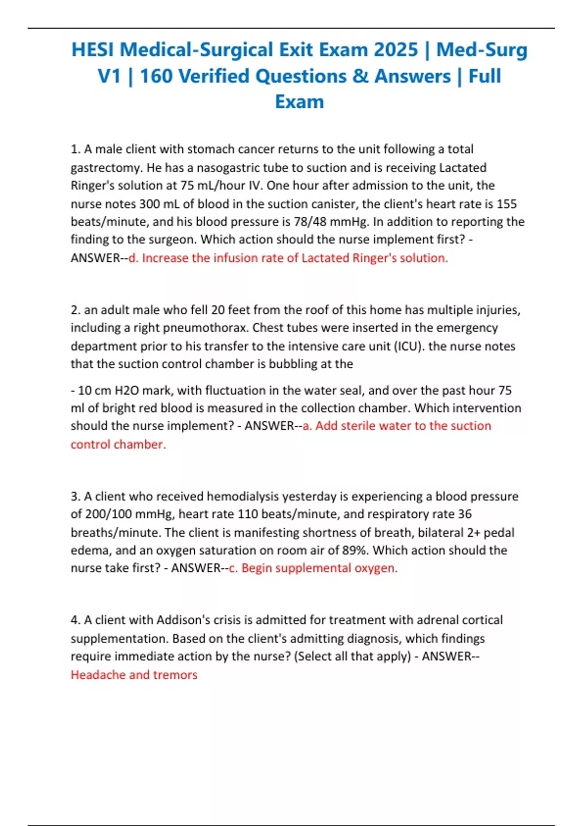 HESI Medical-Surgical Exit Exam 2025 | Med-Surg V1 | 160 Verified Questions & Answers | Full ...