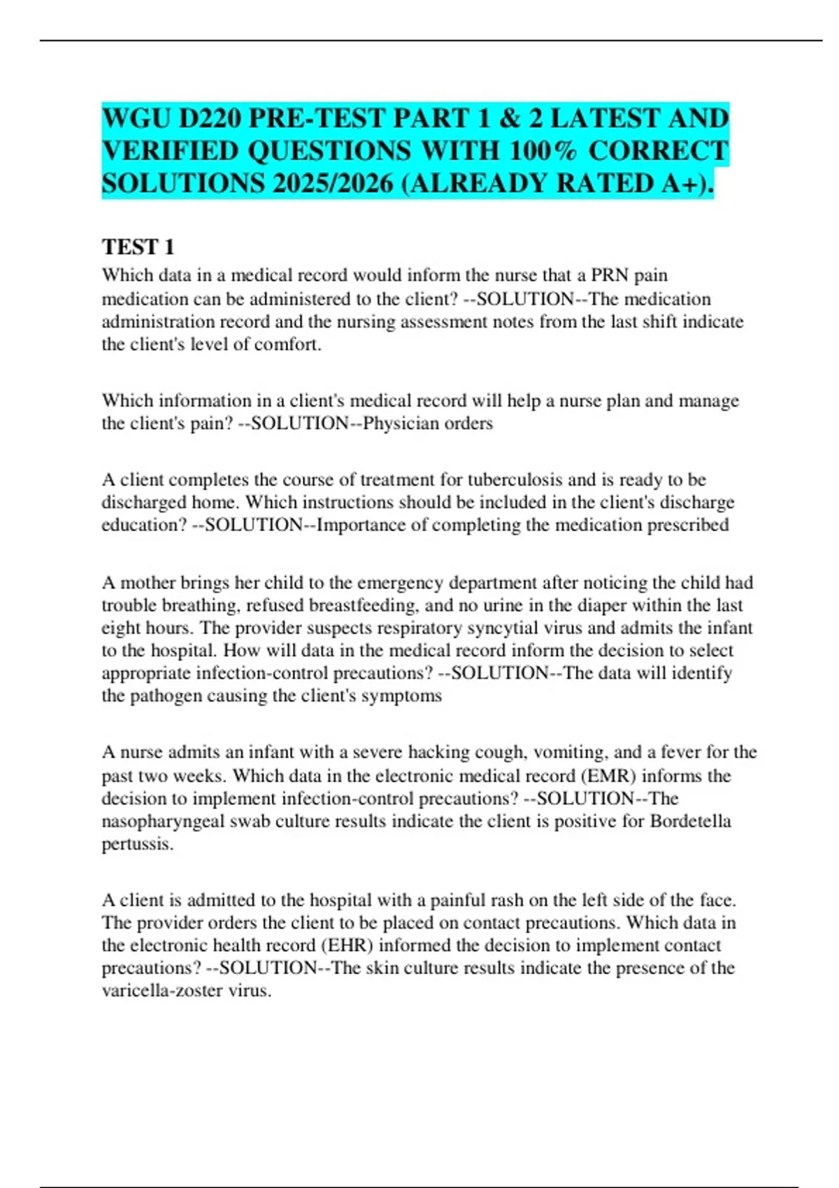 WGU D220 PRE-TEST PART 1 & 2 LATEST AND VERIFIED QUESTIONS WITH 100% ...