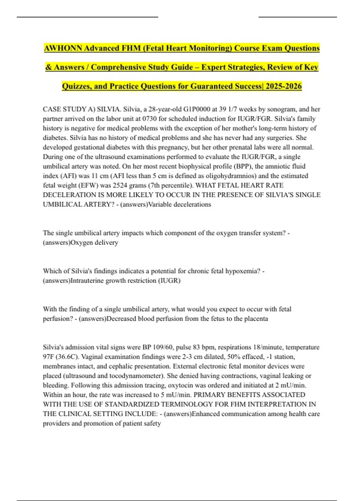 AWHONN Advanced FHM (Fetal Heart Monitoring) Course Exam Questions ...