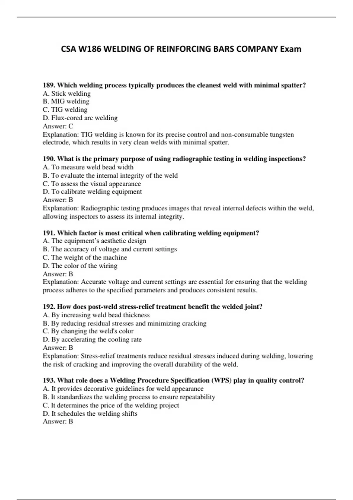 CSA W186 WELDING OF REINFORCING BARS COMPANY Exam - Computers - Stuvia US