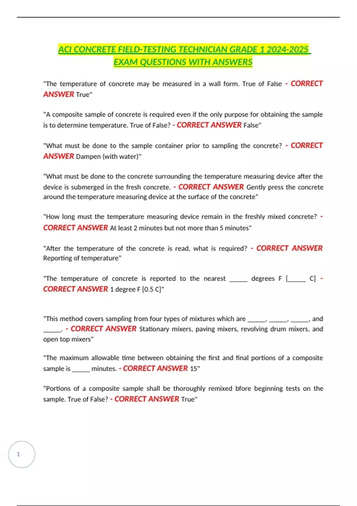 ACI CONCRETE FIELD-TESTING TECHNICIAN GRADE EXAM QUESTIONS WITH ANSWERS ...