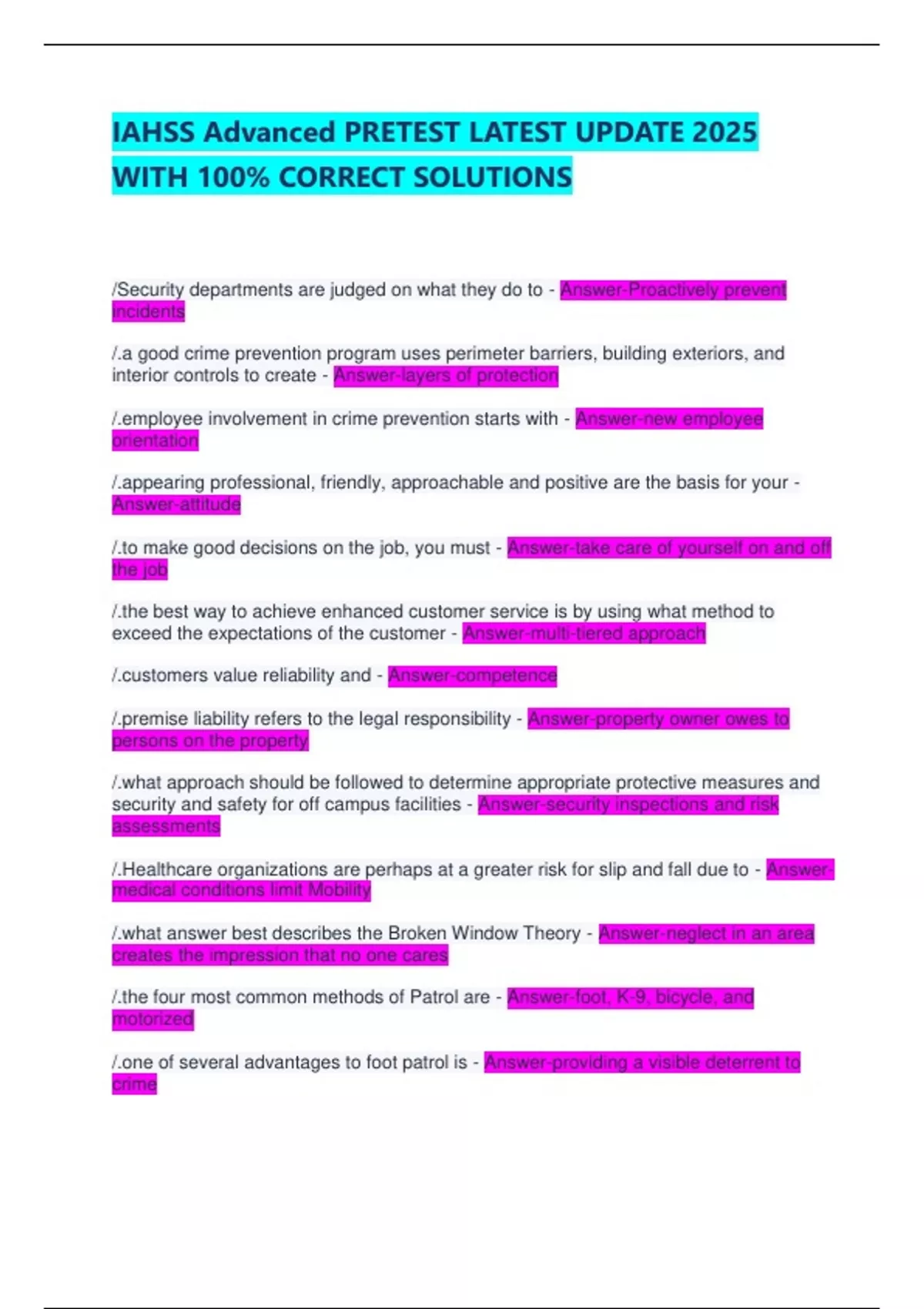 IAHSS Advanced PRETEST LATEST UPDATE 2025 WITH 100% CORRECT SOLUTIONS ...