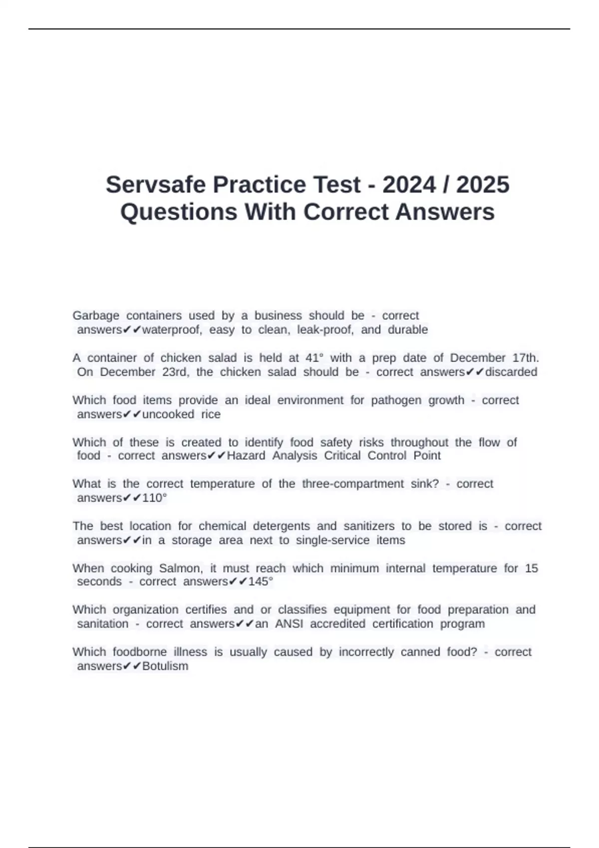 Servsafe Practice Test - 2024 / 2025 Questions With Correct Answers ...