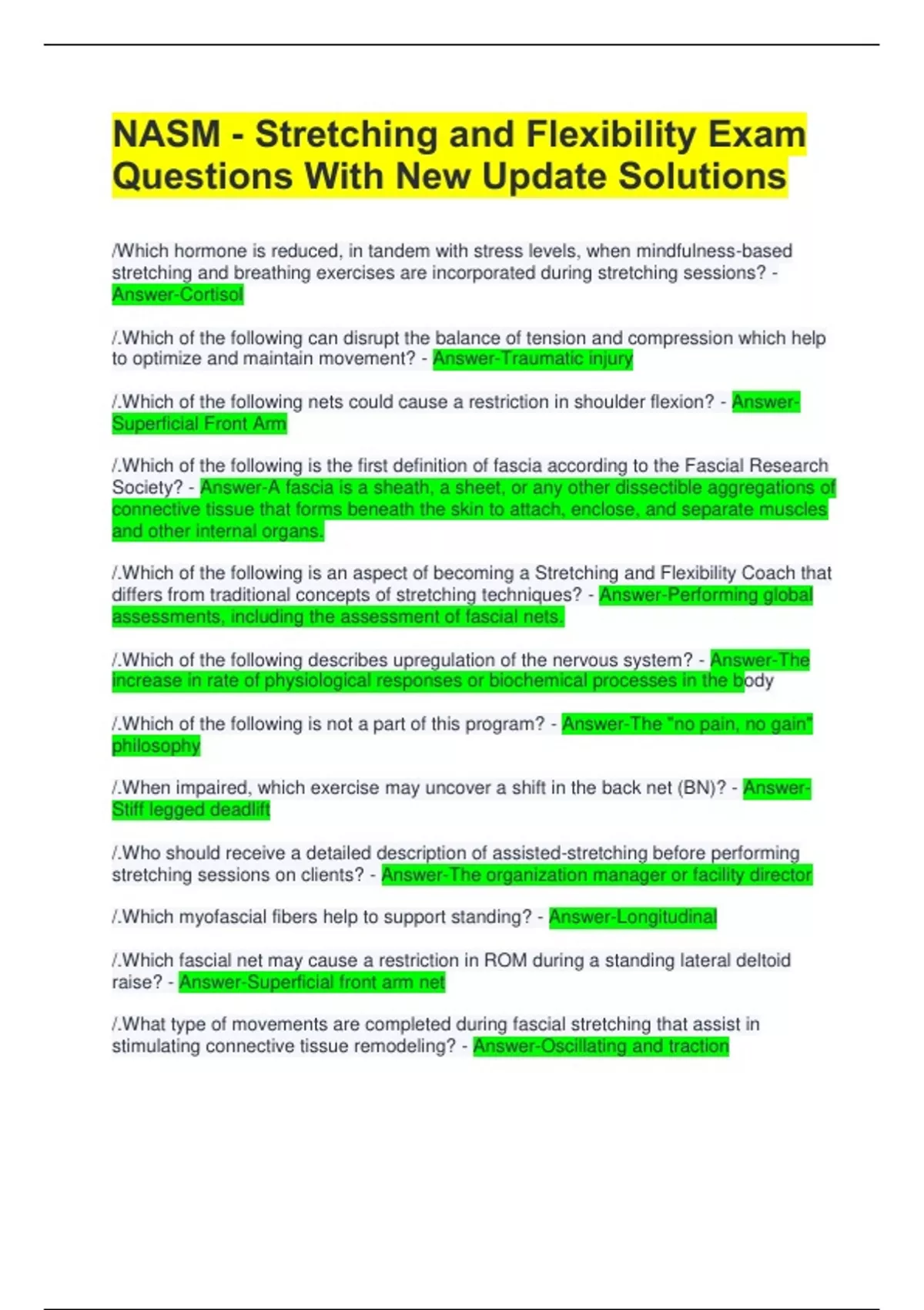 NASM - Stretching and Flexibility Exam Questions With New Update ...