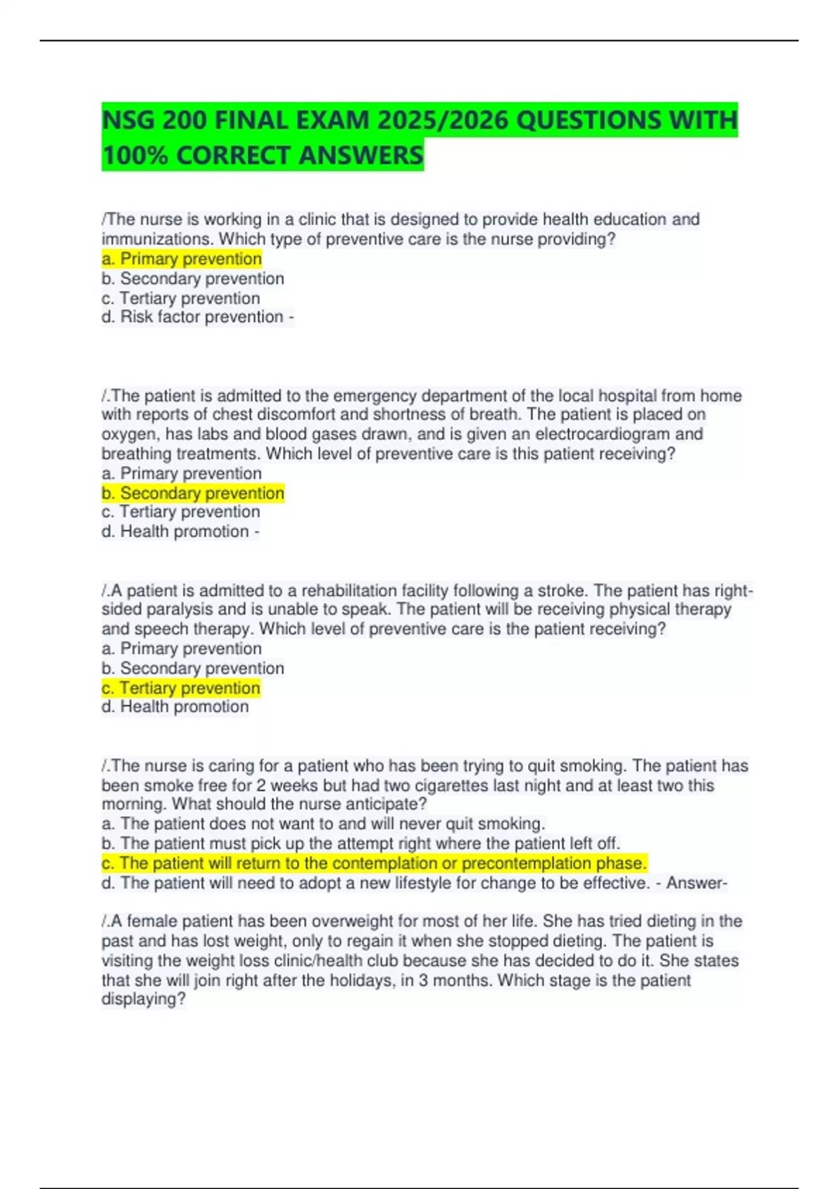 NSG 200 FINAL EXAM 2025/2026 QUESTIONS WITH 100% CORRECT ANSWERS - NSG 200 - Stuvia US