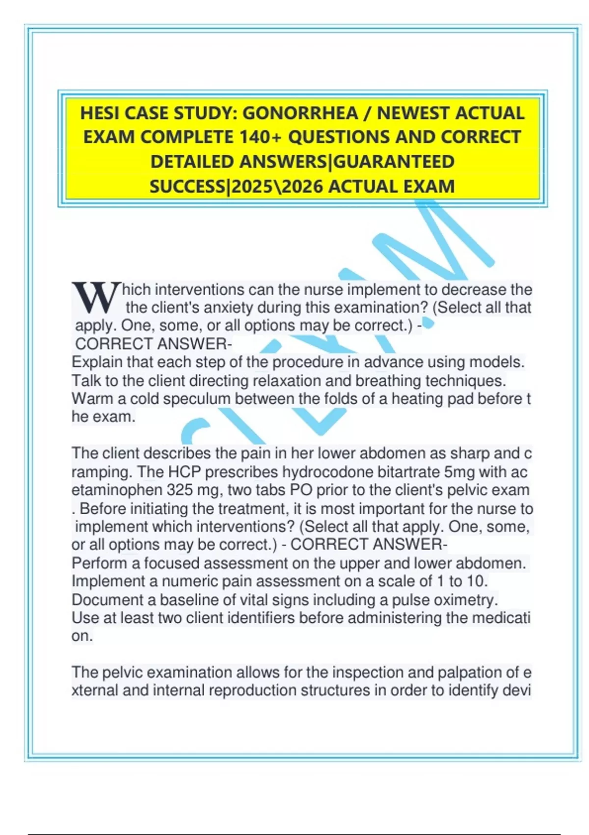 HESI CASE STUDY: GONORRHEA / NEWEST ACTUAL EXAM COMPLETE 140+ QUESTIONS ...
