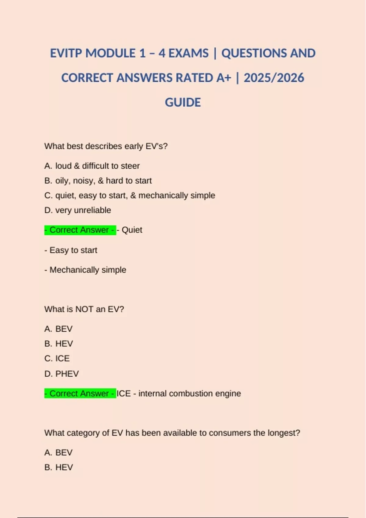 EVITP MODULE 1 – 4 EXAMS | QUESTIONS AND CORRECT ANSWERS RATED A+ ...