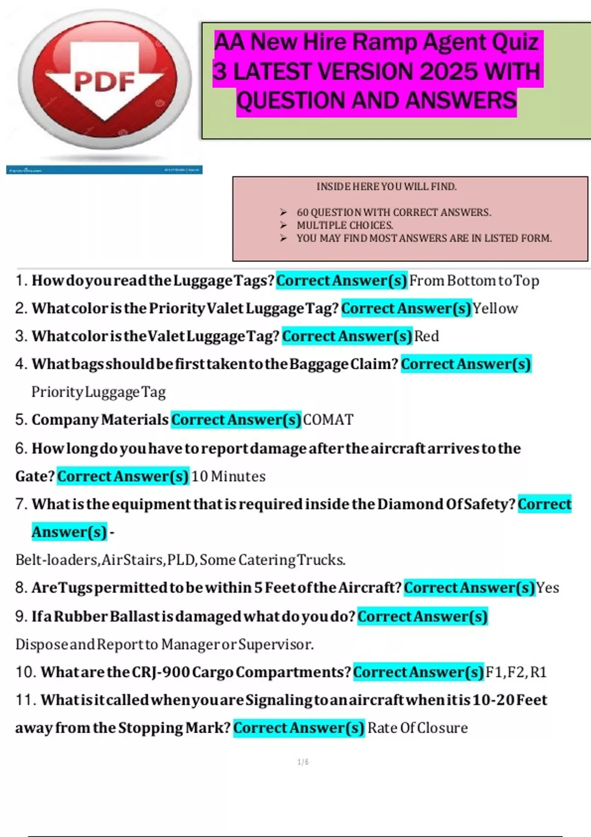 AA New Hire Ramp Agent Quiz 3 LATEST VERSION 2025 WITH QUESTION AND ...