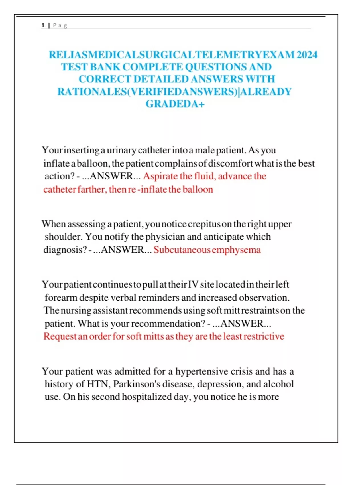 RELIAS MEDICAL SURGICAL TELEMETRY EXAM 2024 TEST BANK COMPLETE 180 ...