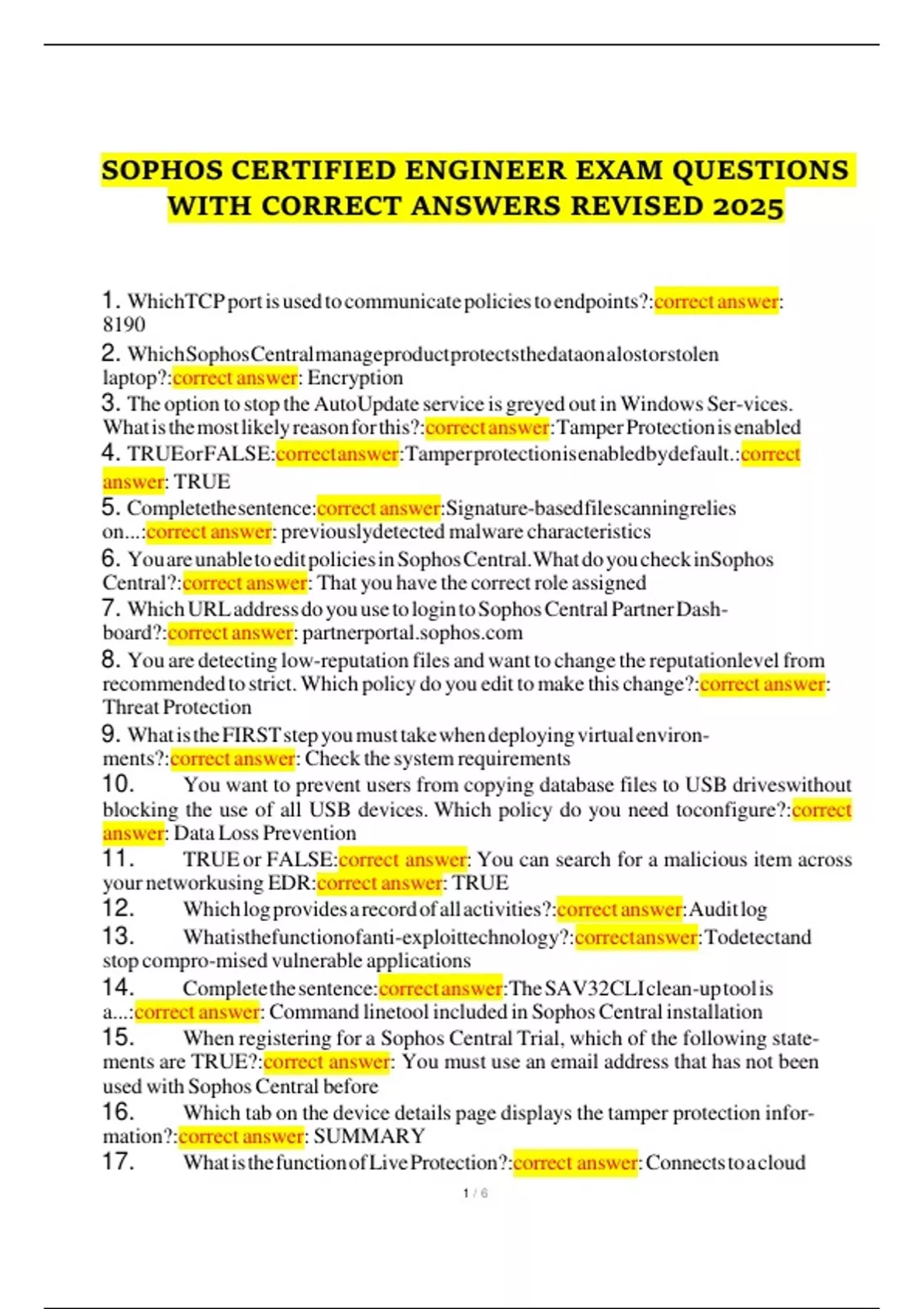 SOPHOS CERTIFIED ENGINEER EXAM QUESTIONS WITH CORRECT ANSWERS REVISED ...