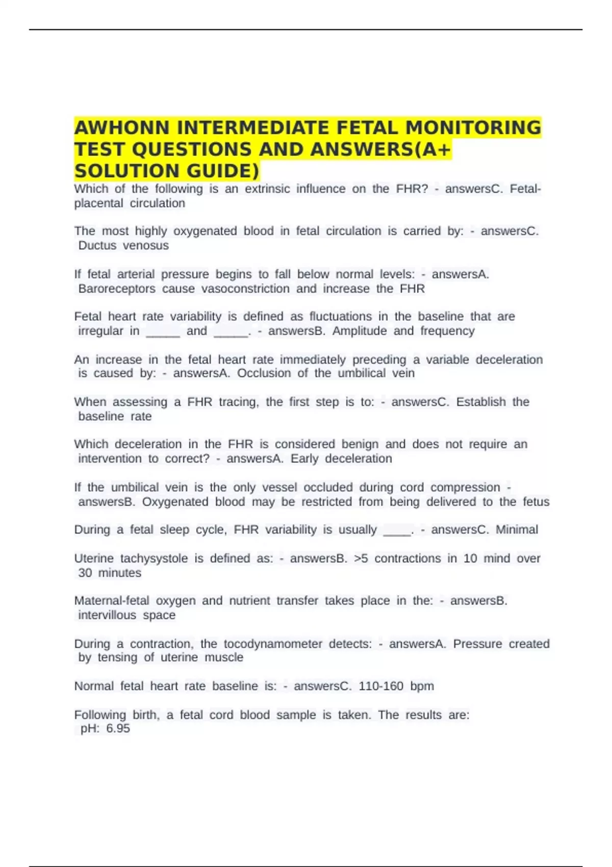 AWHONN Intermediate Fetal Monitoring TEST Questions and Answers(A+ ...