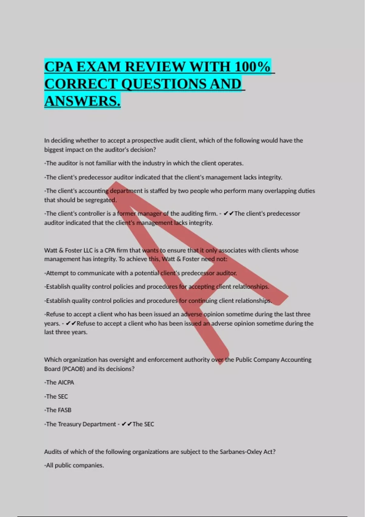 CPA EXAM REVIEW WITH 100% CORRECT QUESTIONS AND ANSWERS. - CPA - Certified Public Accountant ...