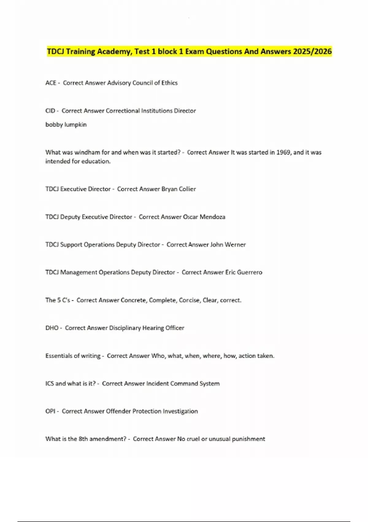 TDCJ Training Academy, Test 1 block 1 Exam Questions And Answers 2025/ ...