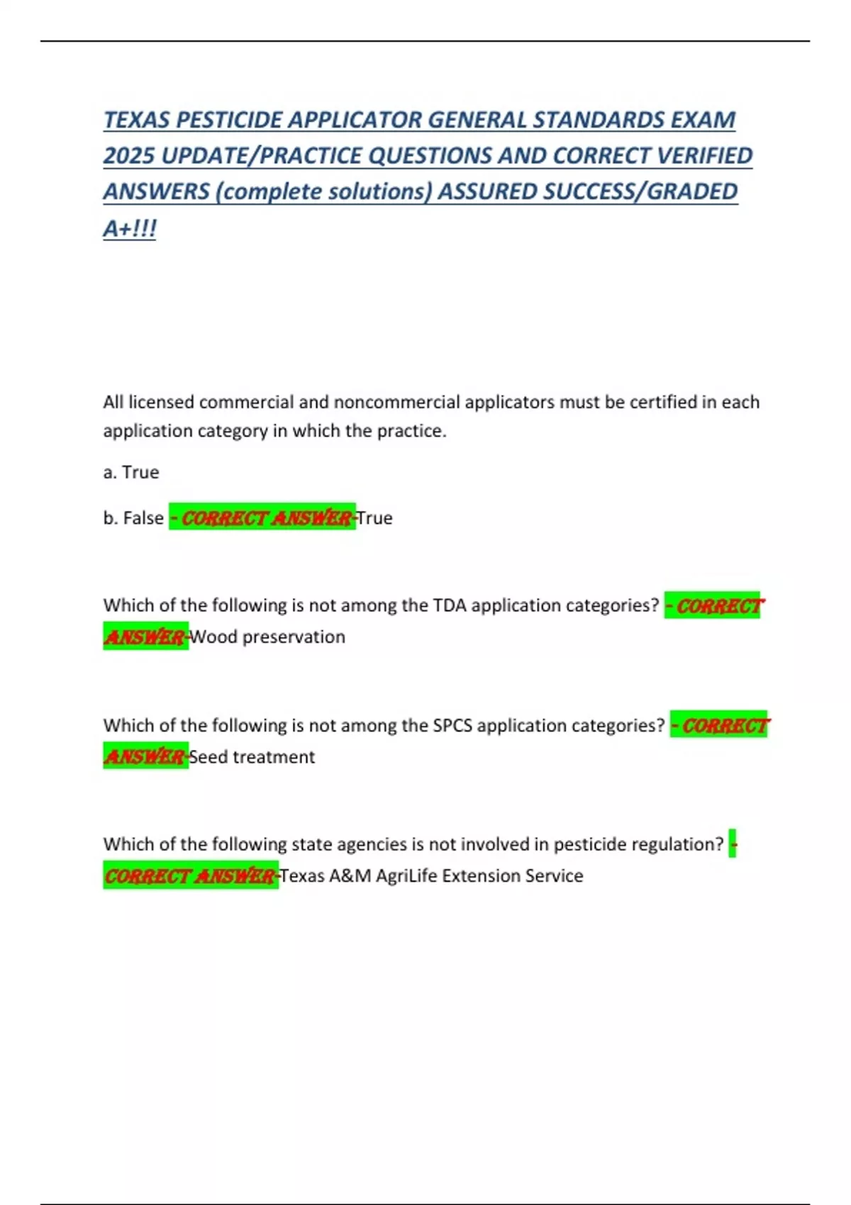 TEXAS PESTICIDE APPLICATOR GENERAL STANDARDS EXAM 2025 UPDATE/PRACTICE ...