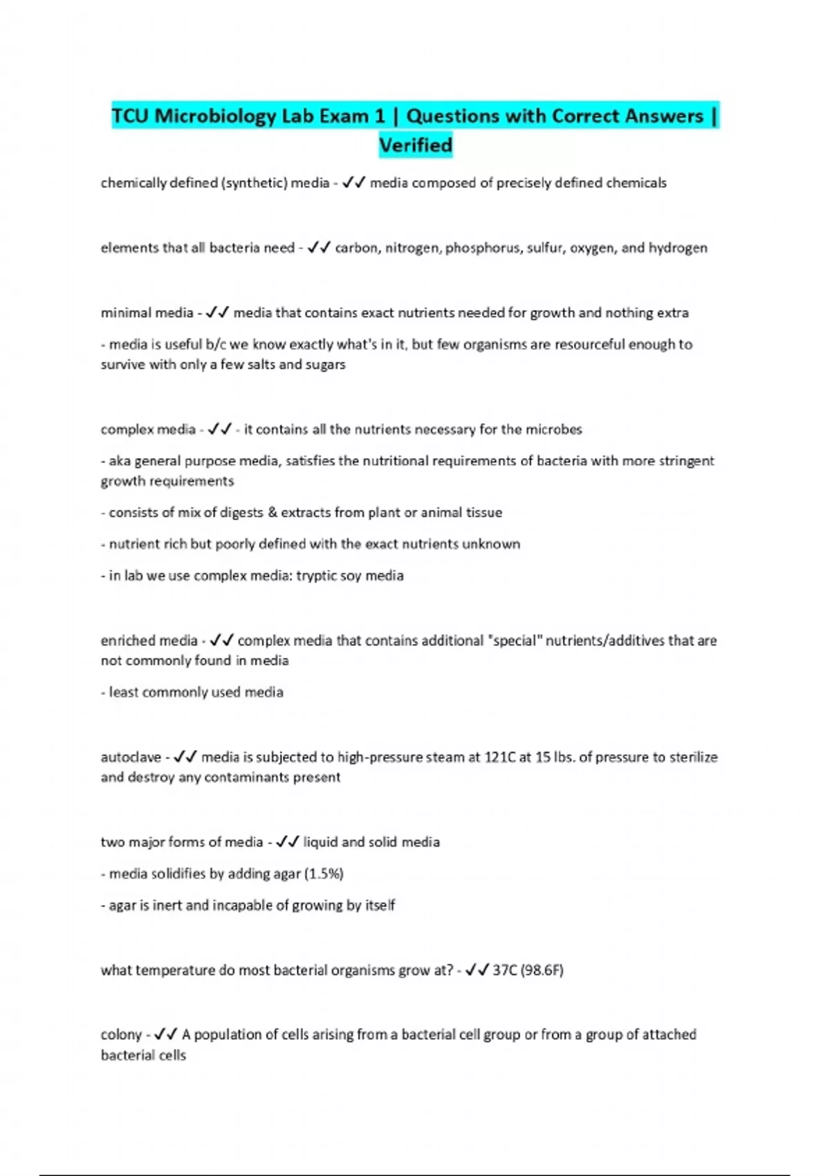 TCU Microbiology Lab Exam 1 | Questions with Correct Answers | Verified ...