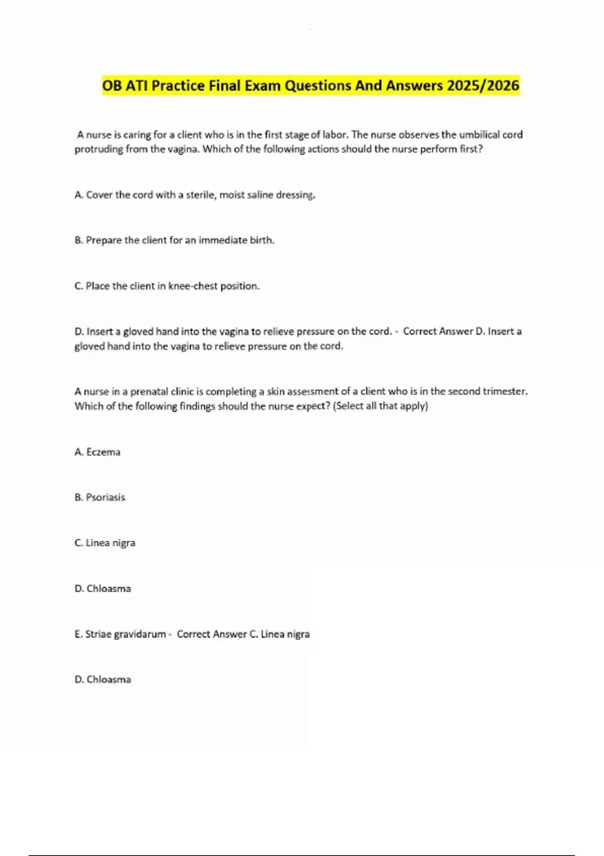 OB ATI Practice Final Exam Questions And Answers 2025/2026 - ATI Adult ...