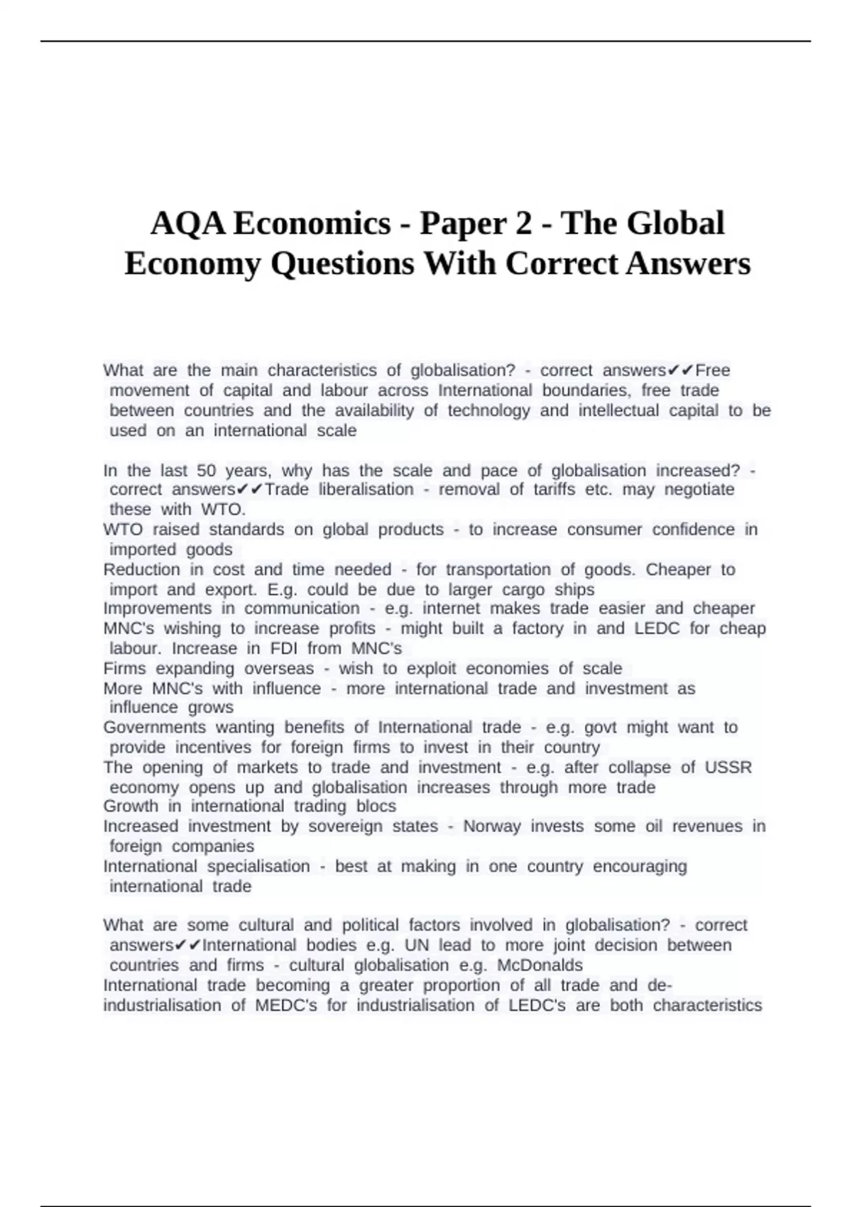 AQA Economics - Paper 2 - The Global Economy Questions With Correct ...