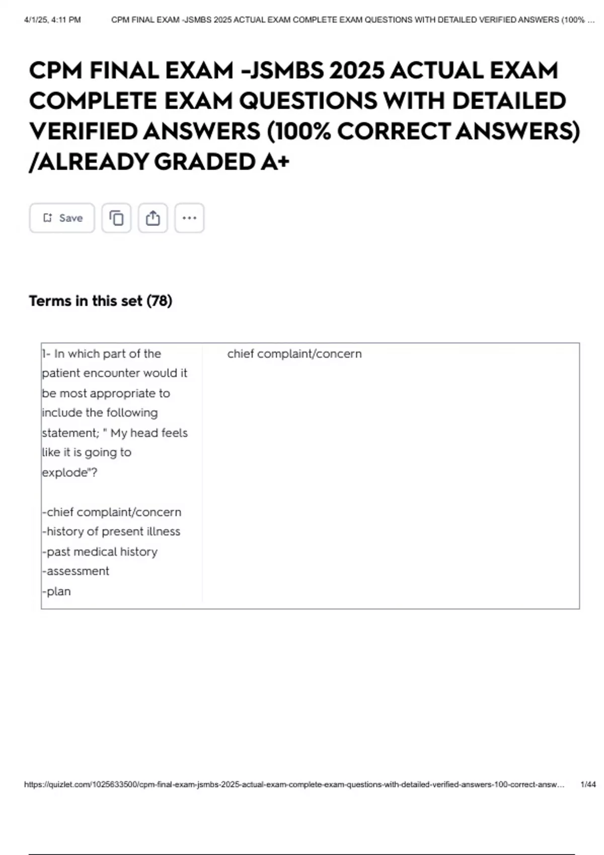 CPM FINAL EXAM -JSMBS 2025 ACTUAL EXAM COMPLETE EXAM QUESTIONS WITH ...