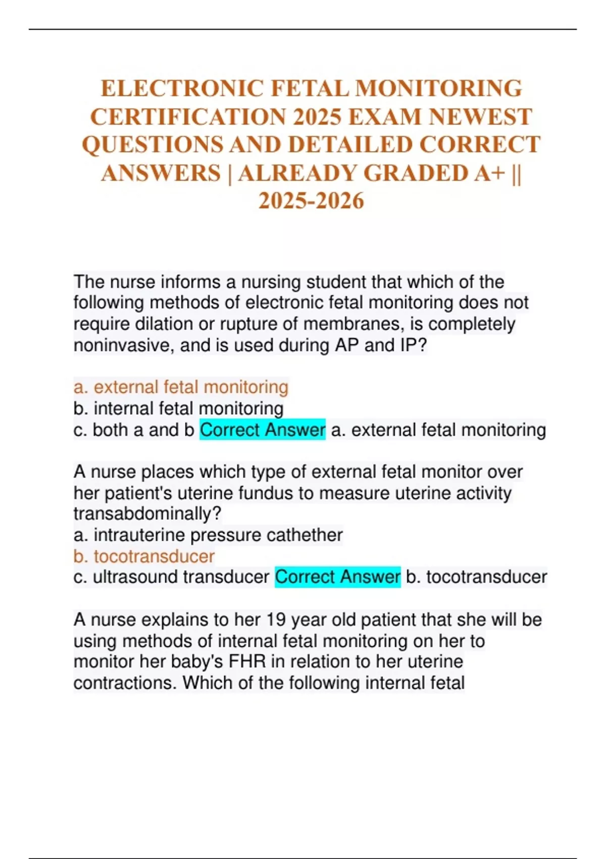 ELECTRONIC FETAL MONITORING CERTIFICATION 2025 EXAM NEWEST QUESTIONS AND DETAILED CORRECT ...