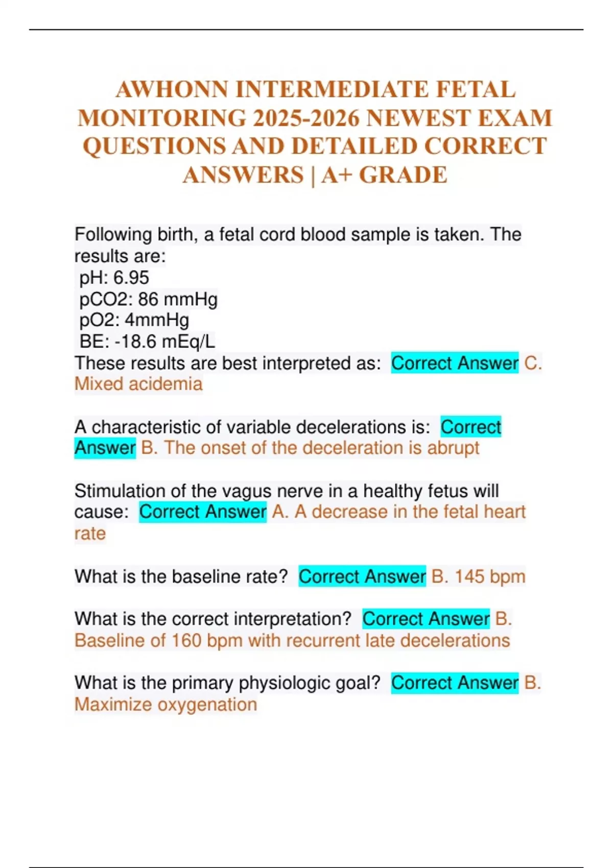 AWHONN INTERMEDIATE FETAL MONITORING NEWEST EXAM QUESTIONS AND DETAILED ...