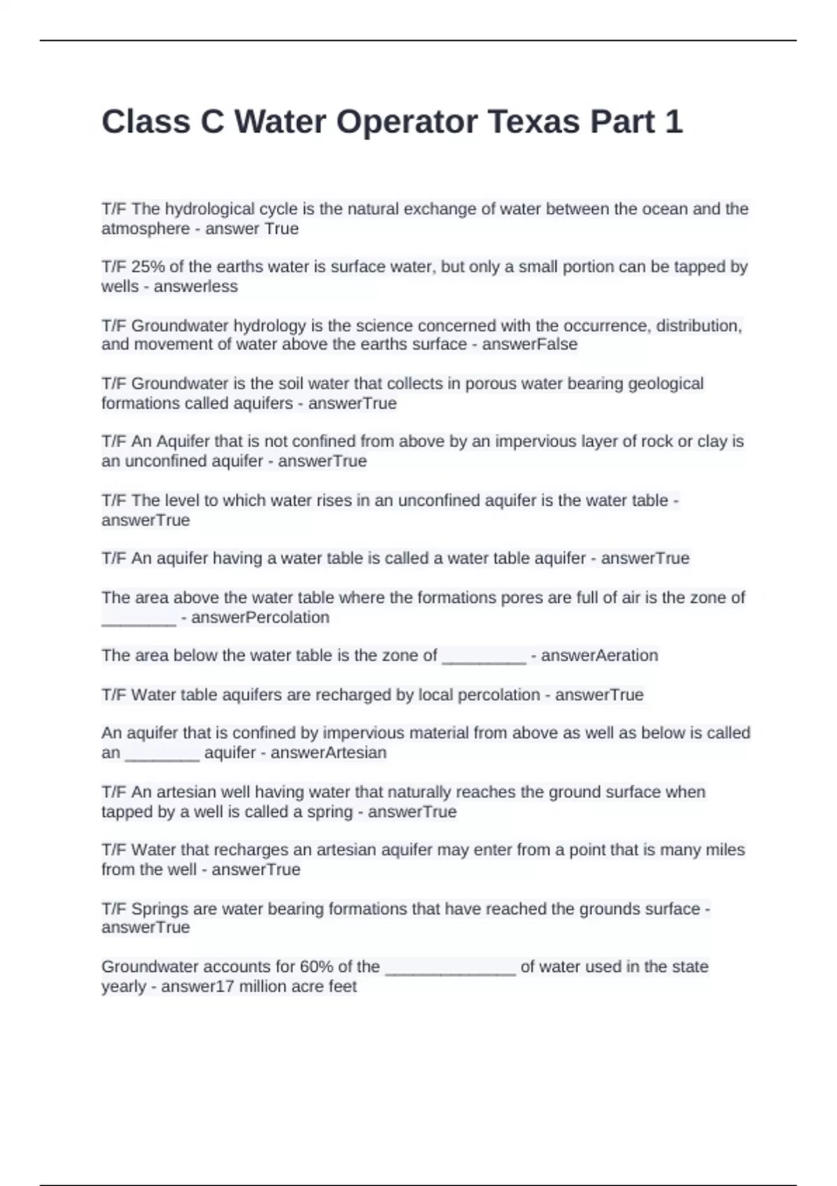 Class C Water Operator Texas Part 1 Questions and Answers 2025 - Texas ...