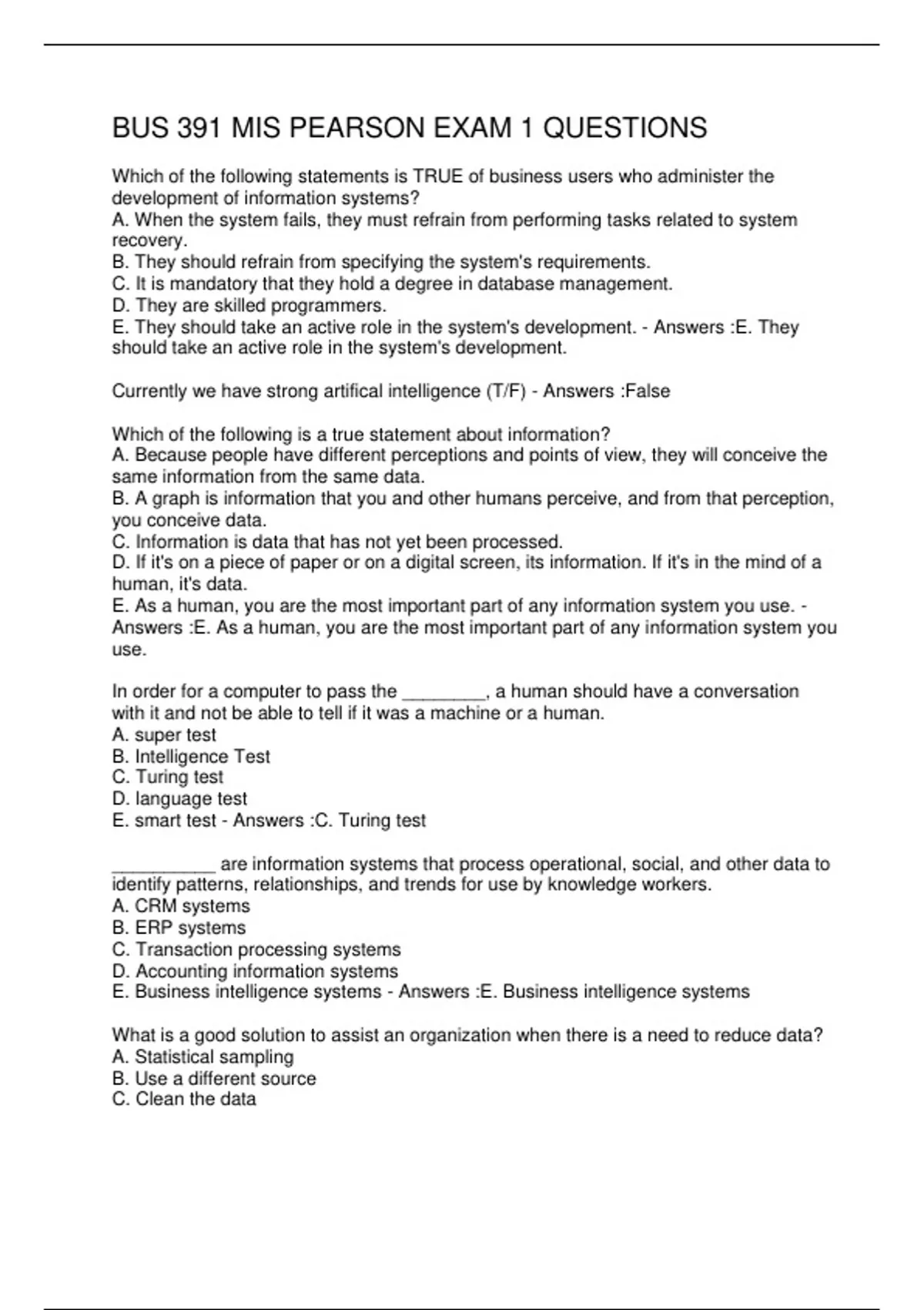 BUS 391 MIS PEARSON EXAM 1 QUESTIONS - BUS 391 - Stuvia US