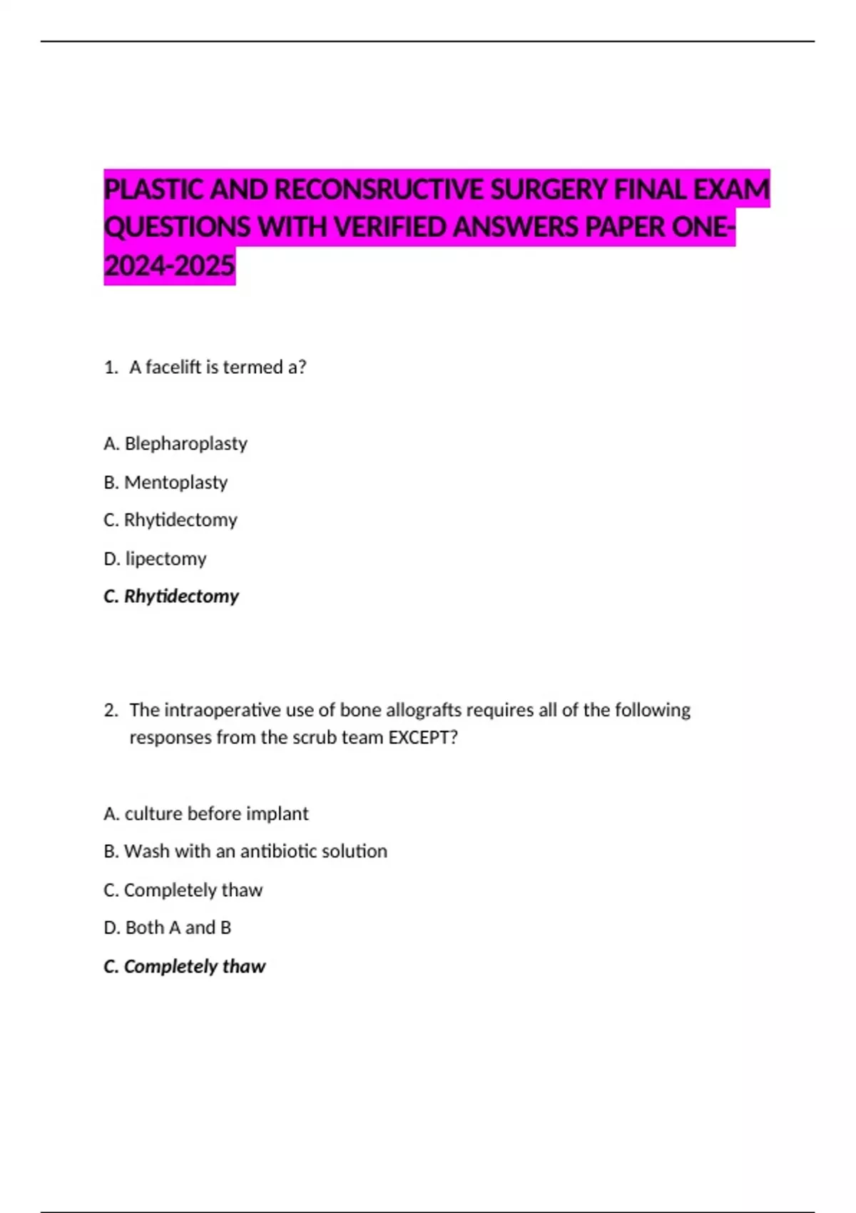 PLASTIC AND RECONSTRUCTIVE SURGERY FINAL EXAM QUESTIONS WITH VERIFIED ...