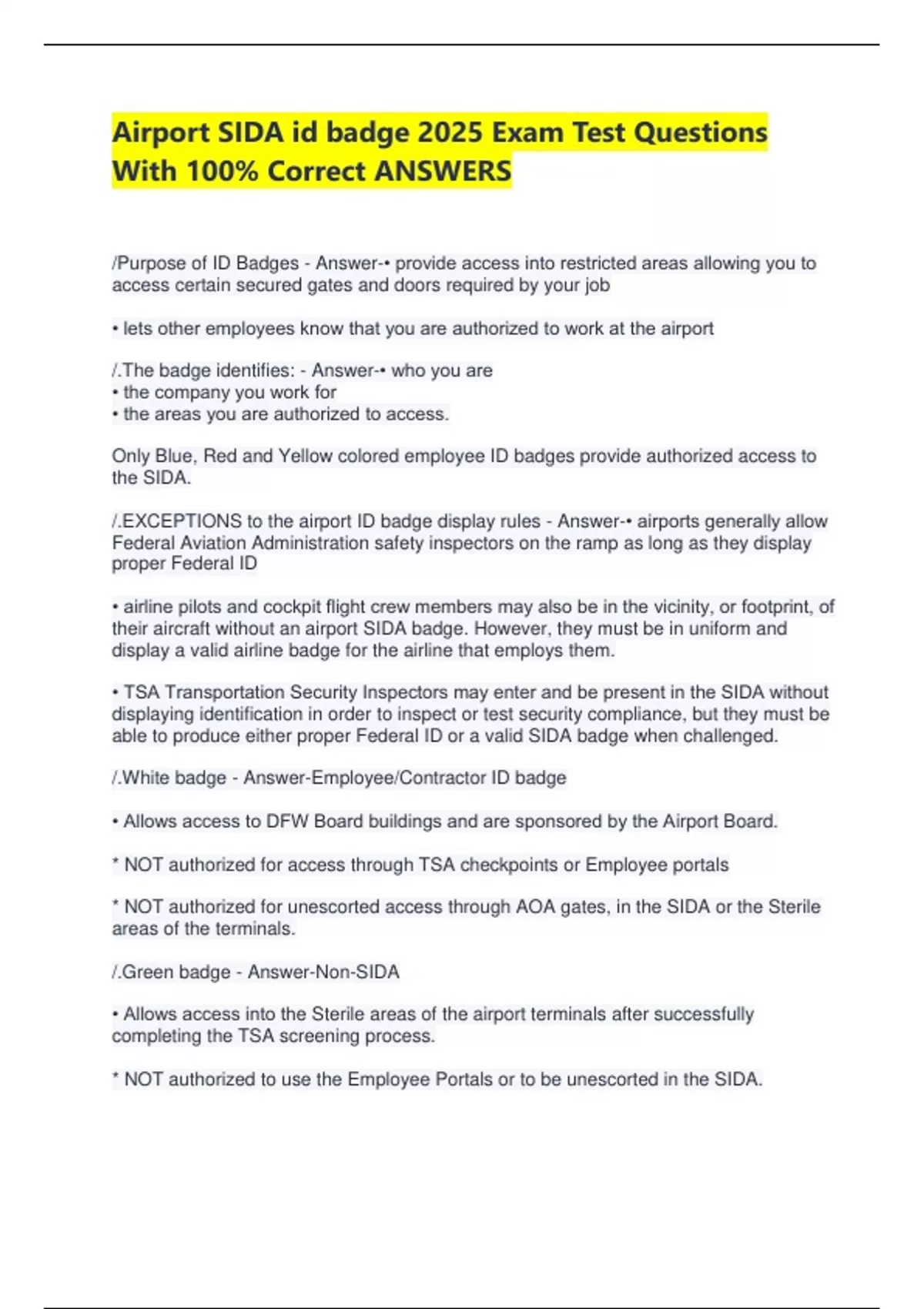 Airport Sida Id Badge 2025 Exam Test Questions With 100 Correct